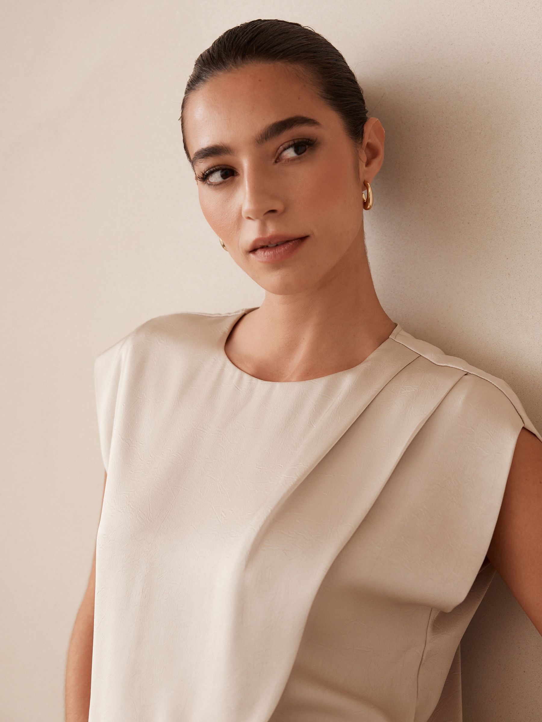 Buy Champagne Gold Short Sleeve Crinkle Satin Asymmetric Top from the ...