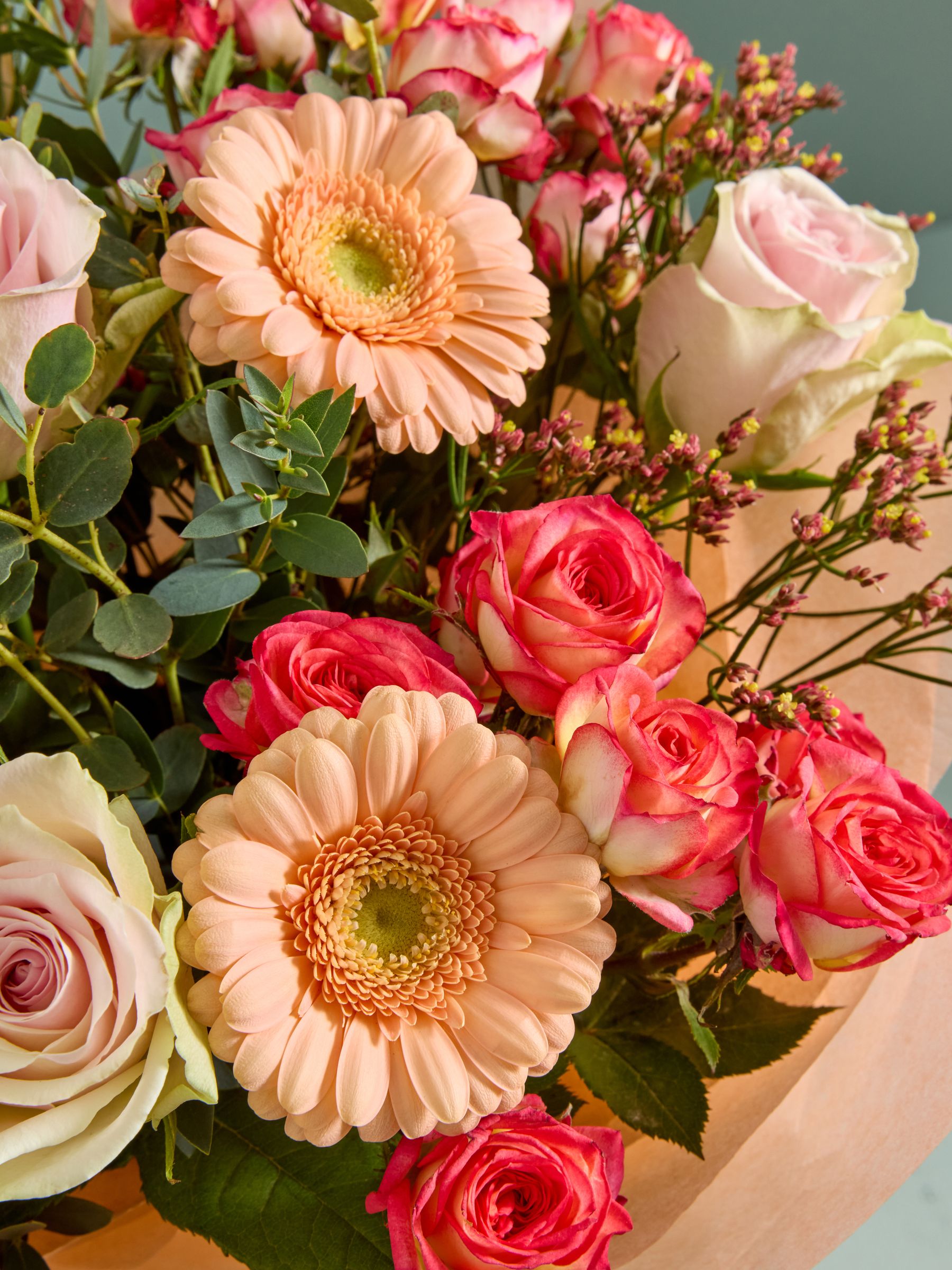 Buy Peach Pink Rose and Germini Fresh Flower Bouquet in Gift Bag from ...