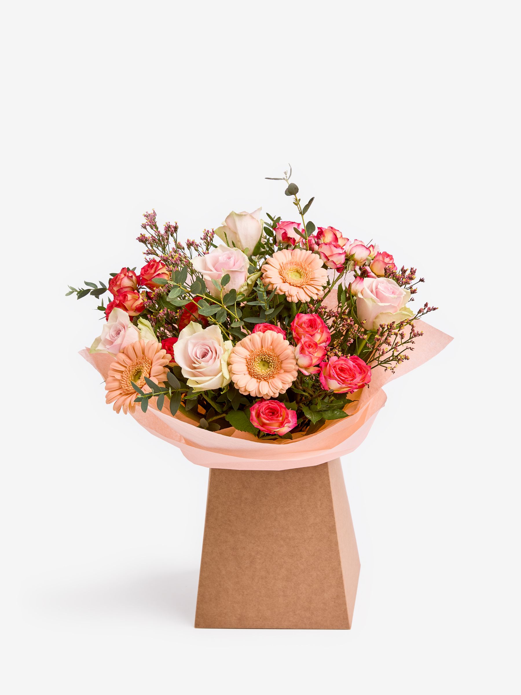 Buy Peach Pink Rose and Germini Fresh Flower Bouquet in Gift Bag from ...