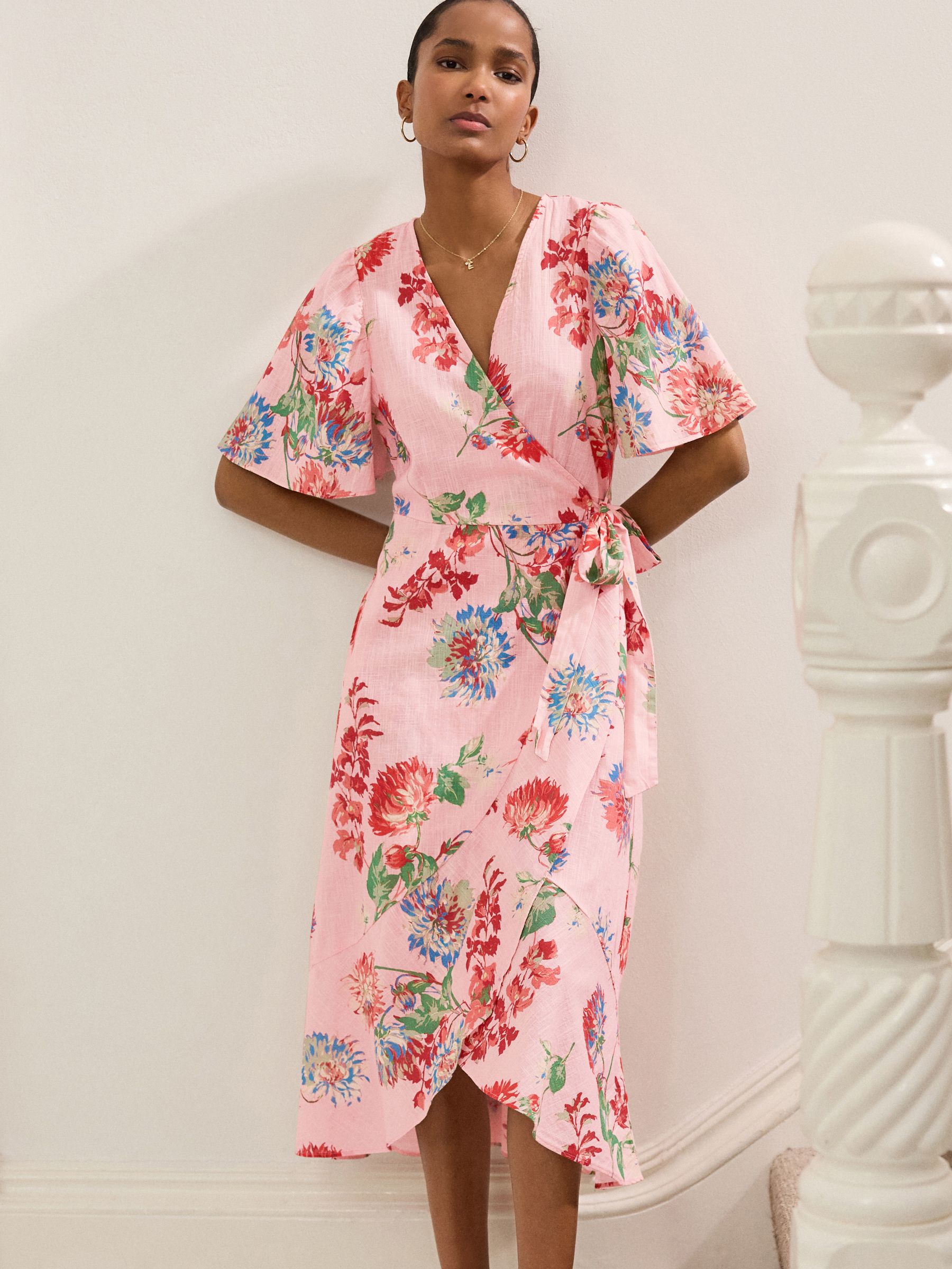 Buy Pastel Pink Floral Print Flutter Sleeve Wrap Midi Dress from Next USA