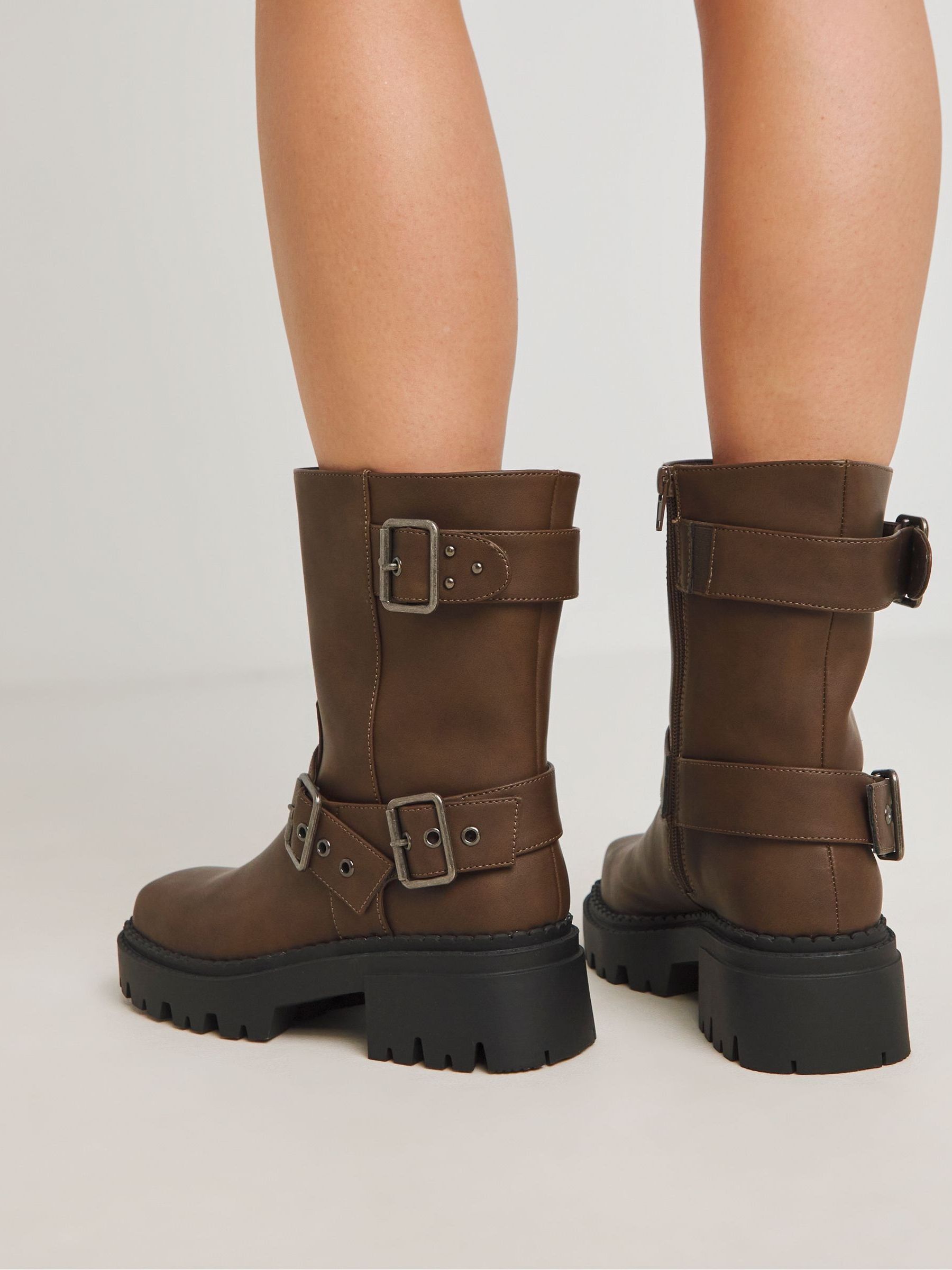 Buy Simply Be Brown Extra Wide Fit Multi Buckle Ankle Biker Boots In ...