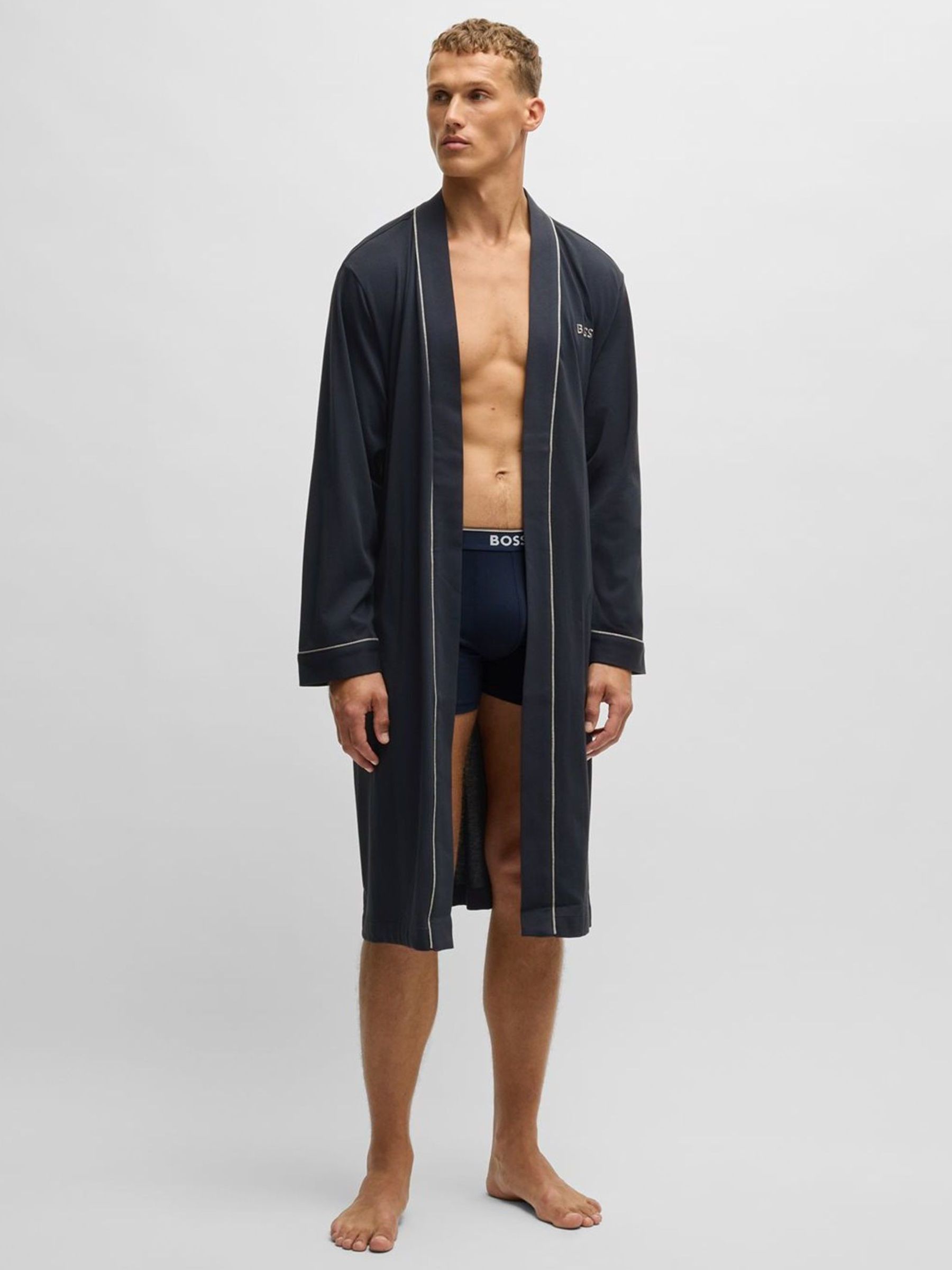 Buy BOSS Dark Blue Logo Embroidered 100% Cotton Jersey Robe Dressing ...