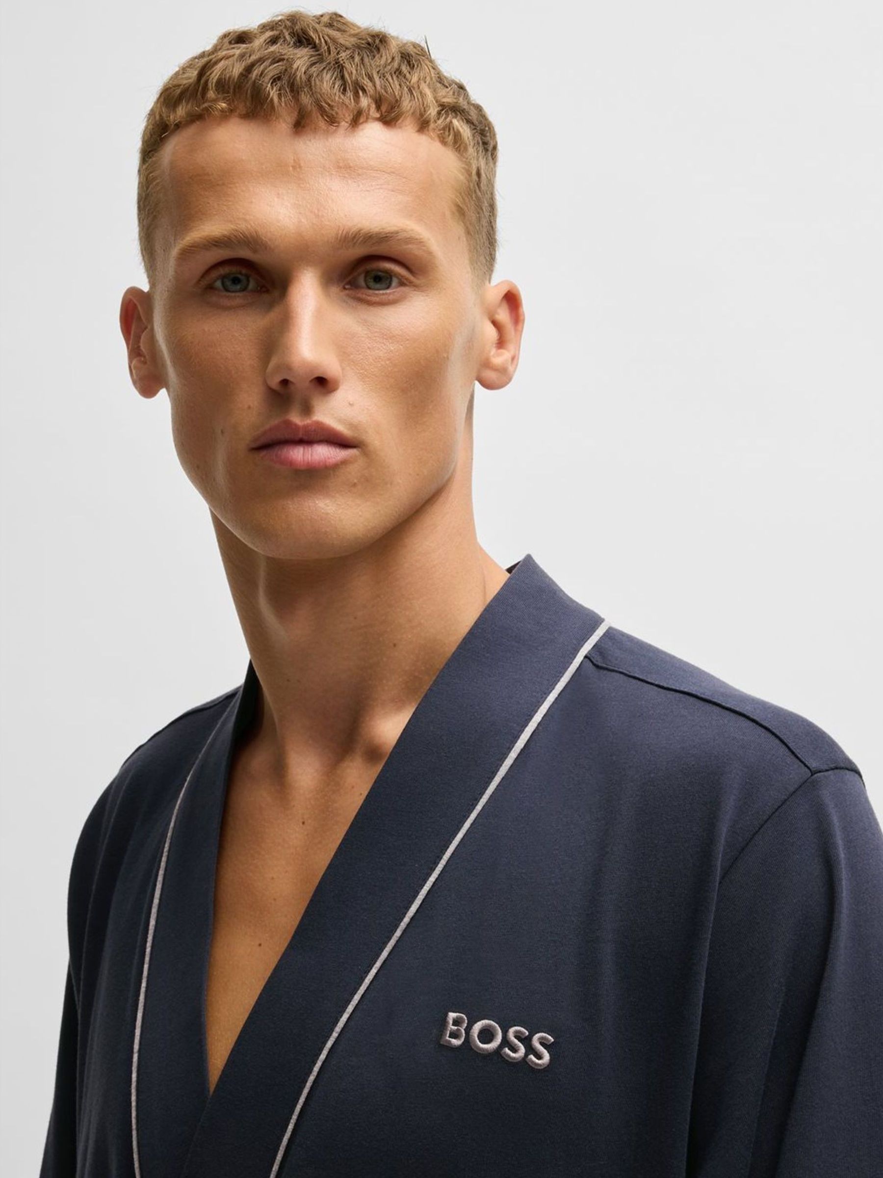 Buy BOSS Dark Blue Logo Embroidered 100% Cotton Jersey Robe Dressing ...