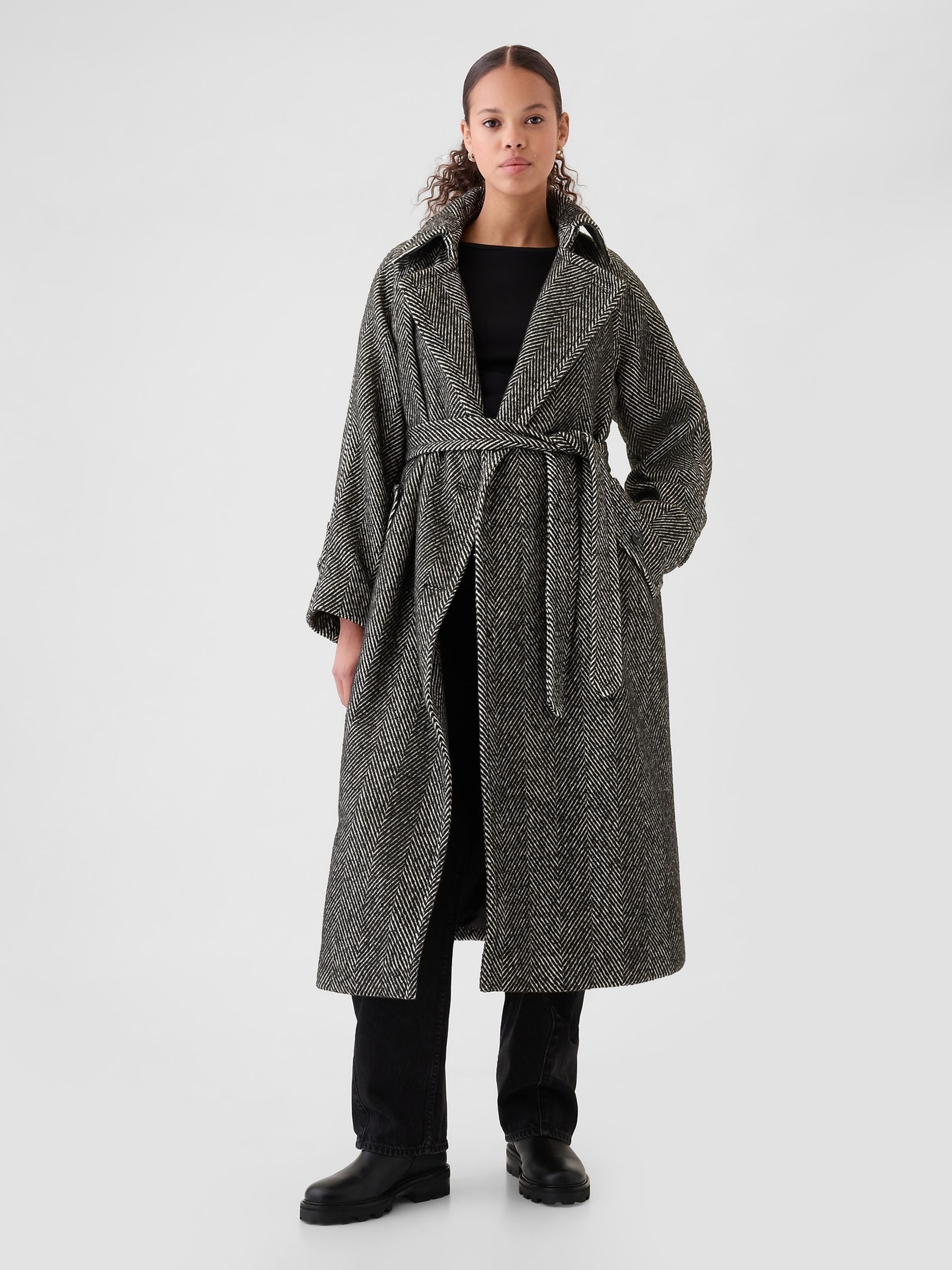 Buy Gap Black Double-Breasted Herringbone Belted Trench Coat from the ...