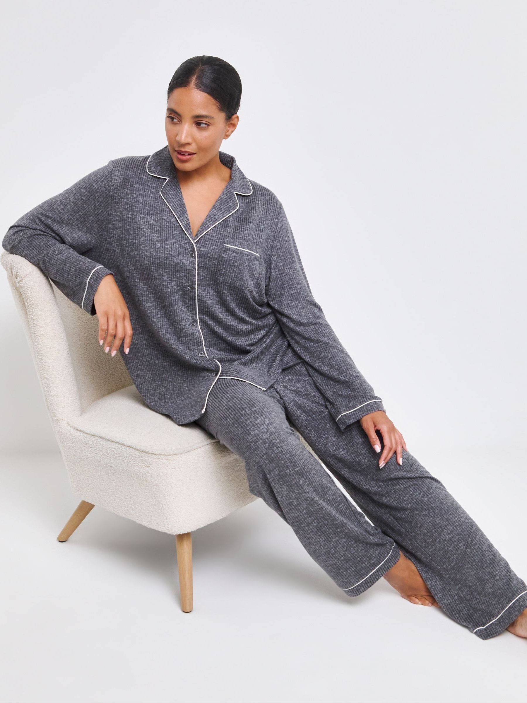 Buy Simply Be Grey Pretty Secrets Brushed Ribbed Button Through Pyjama ...