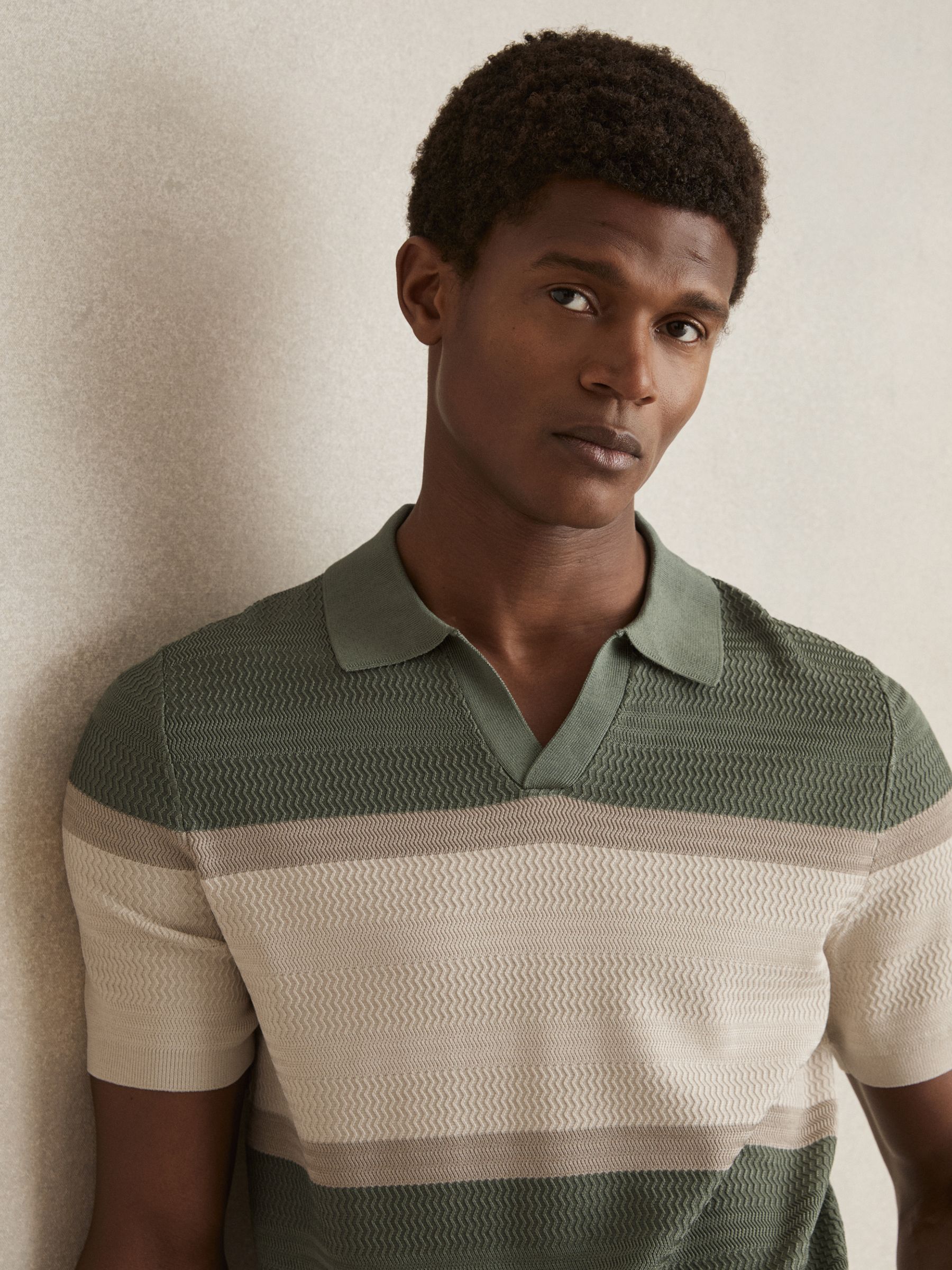 Buy Reiss Sage Green Jefferson Textured Knit Stripe Polo Shirt from the ...
