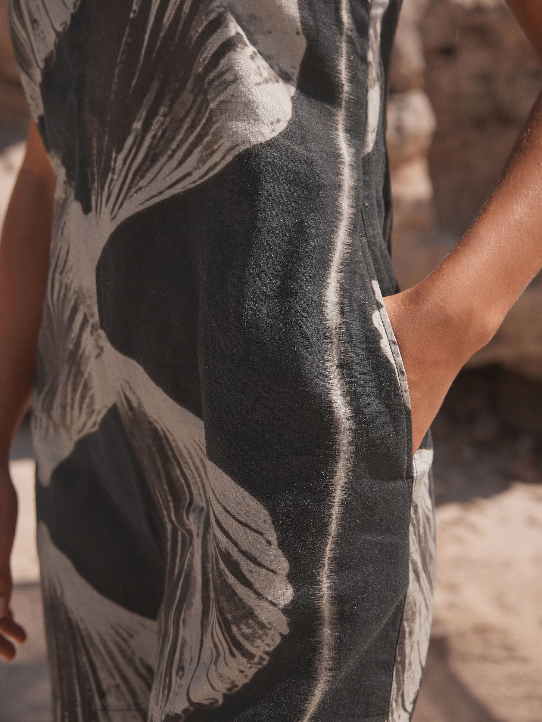 Buy Black Shell Print Mini Sleeveless Racer Stretch Linen Blend Dress ...