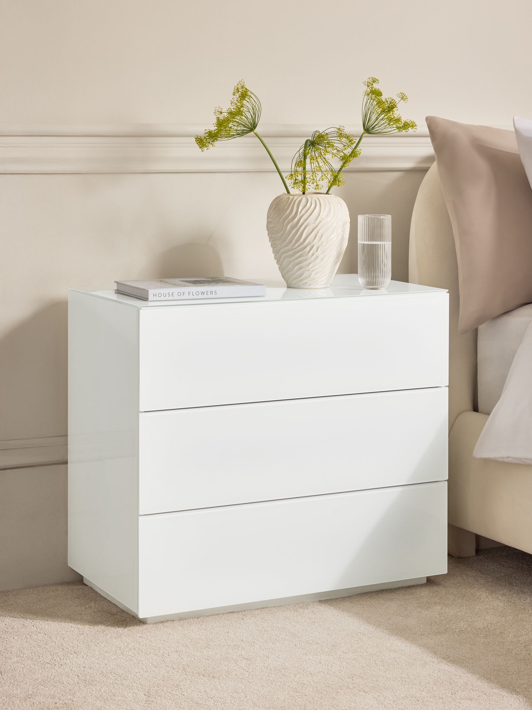 Buy White Sloane Glass Collection Luxe 3 Drawer Wide Bedside Table from ...