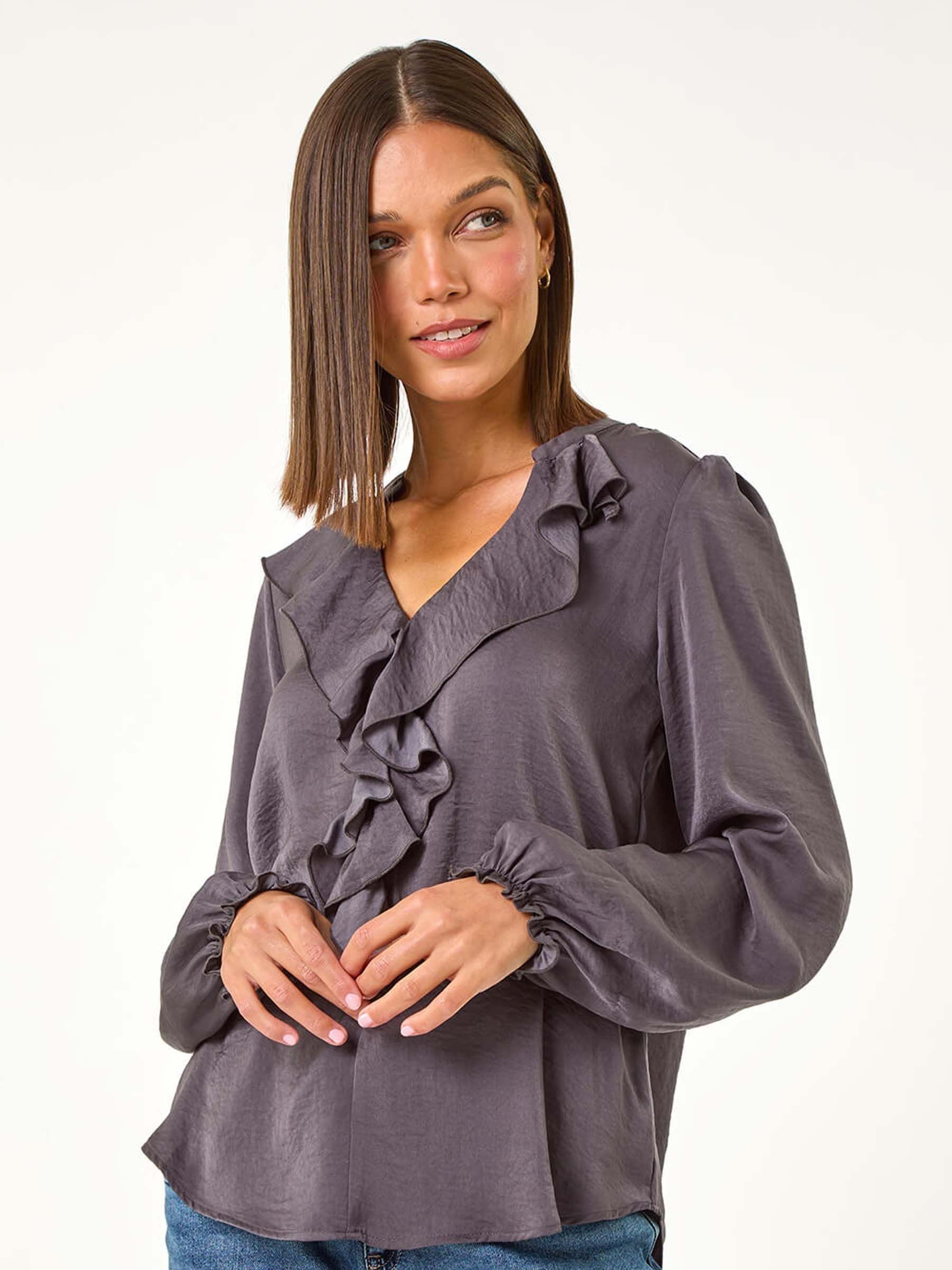 Buy Roman Grey Satin Ruffle Neck Blouse from the Next UK online shop