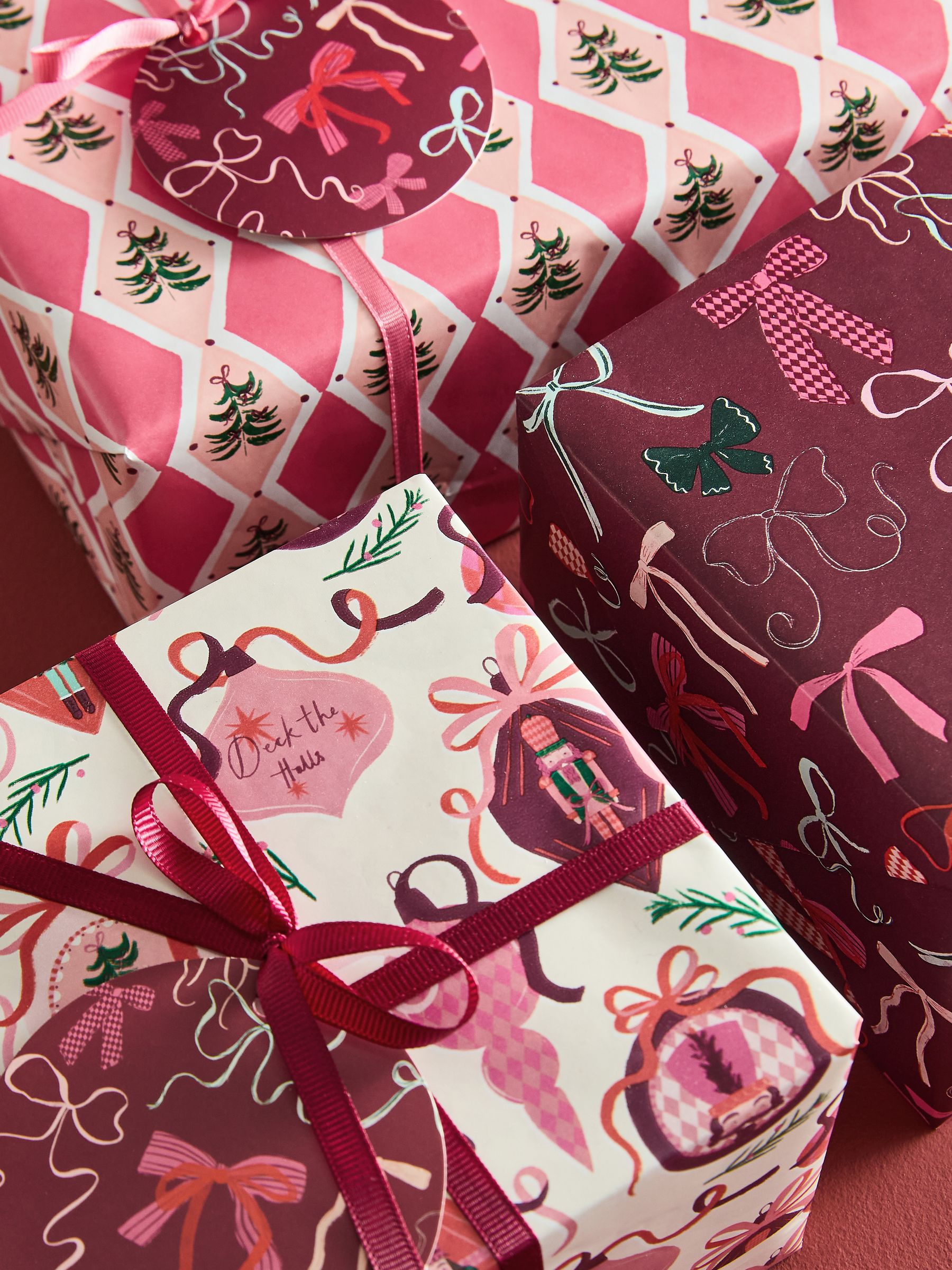 Buy Pink / Burgundy Bow Nutcracker Christmas Wrapping Paper, Set of 3 ...