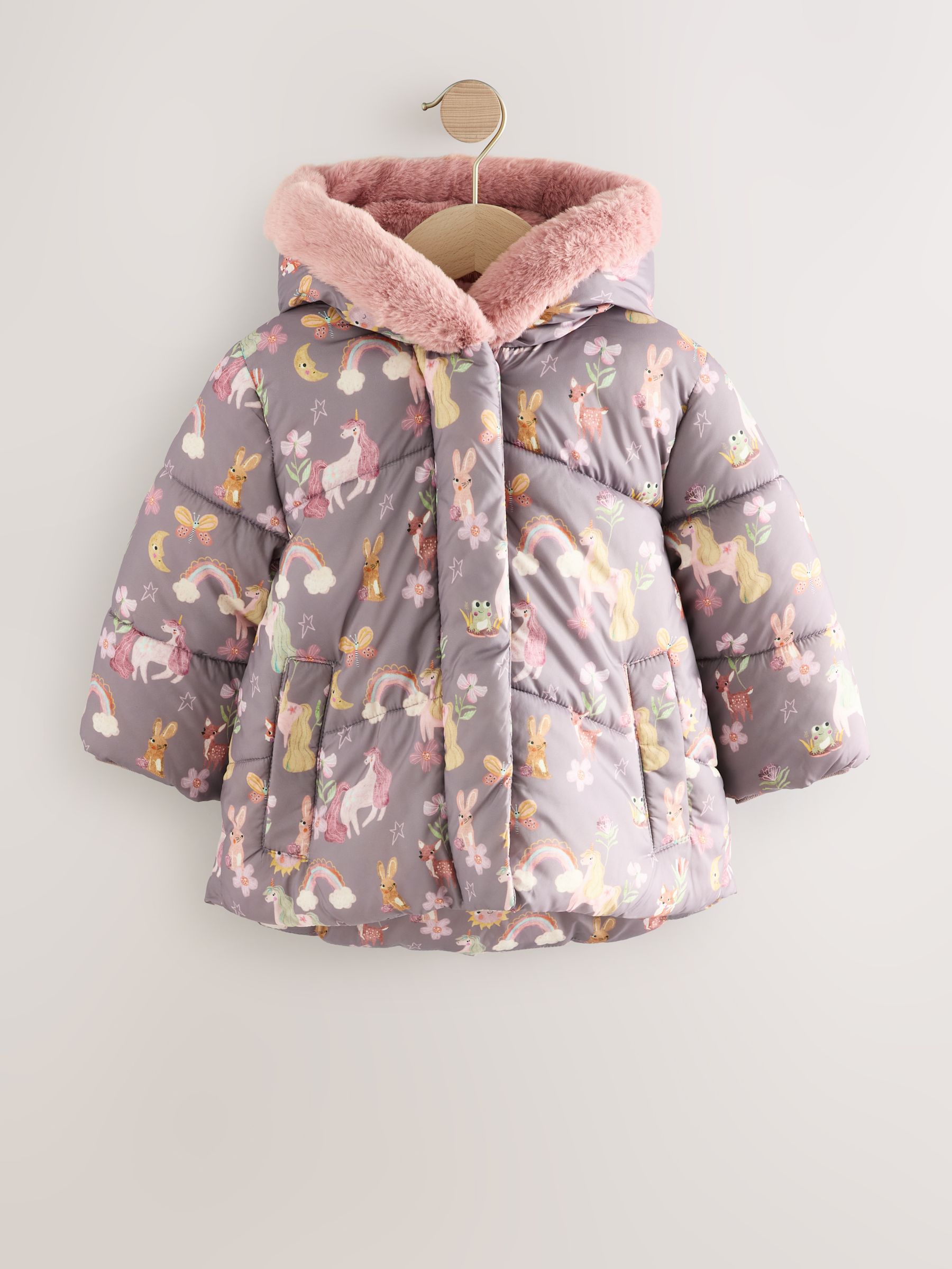 Buy Damson Unicorn Shower Resistant Faux Fur Trim Padded Coat (3mths ...