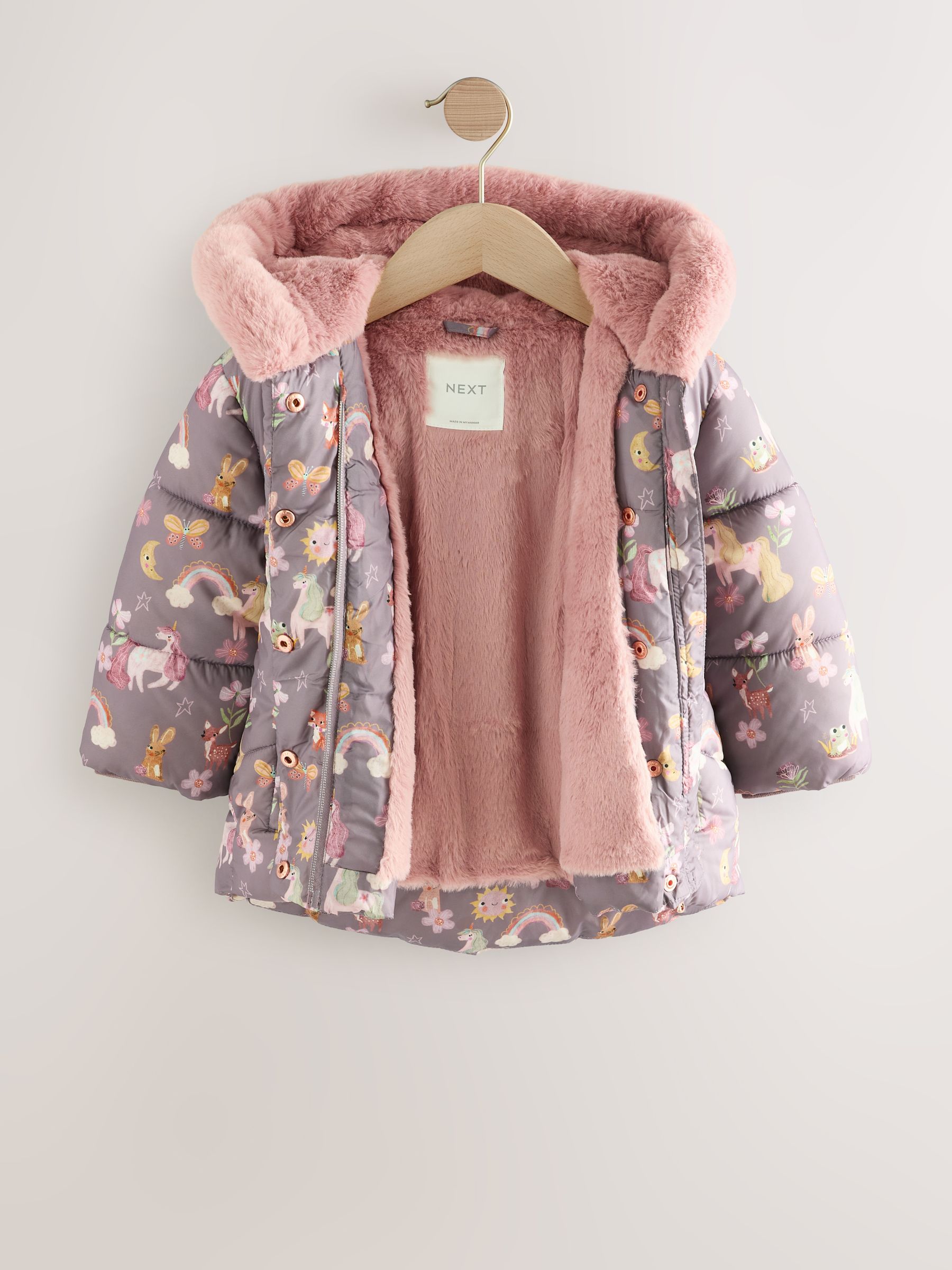 Buy Damson Unicorn Shower Resistant Faux Fur Trim Padded Coat (3mths ...
