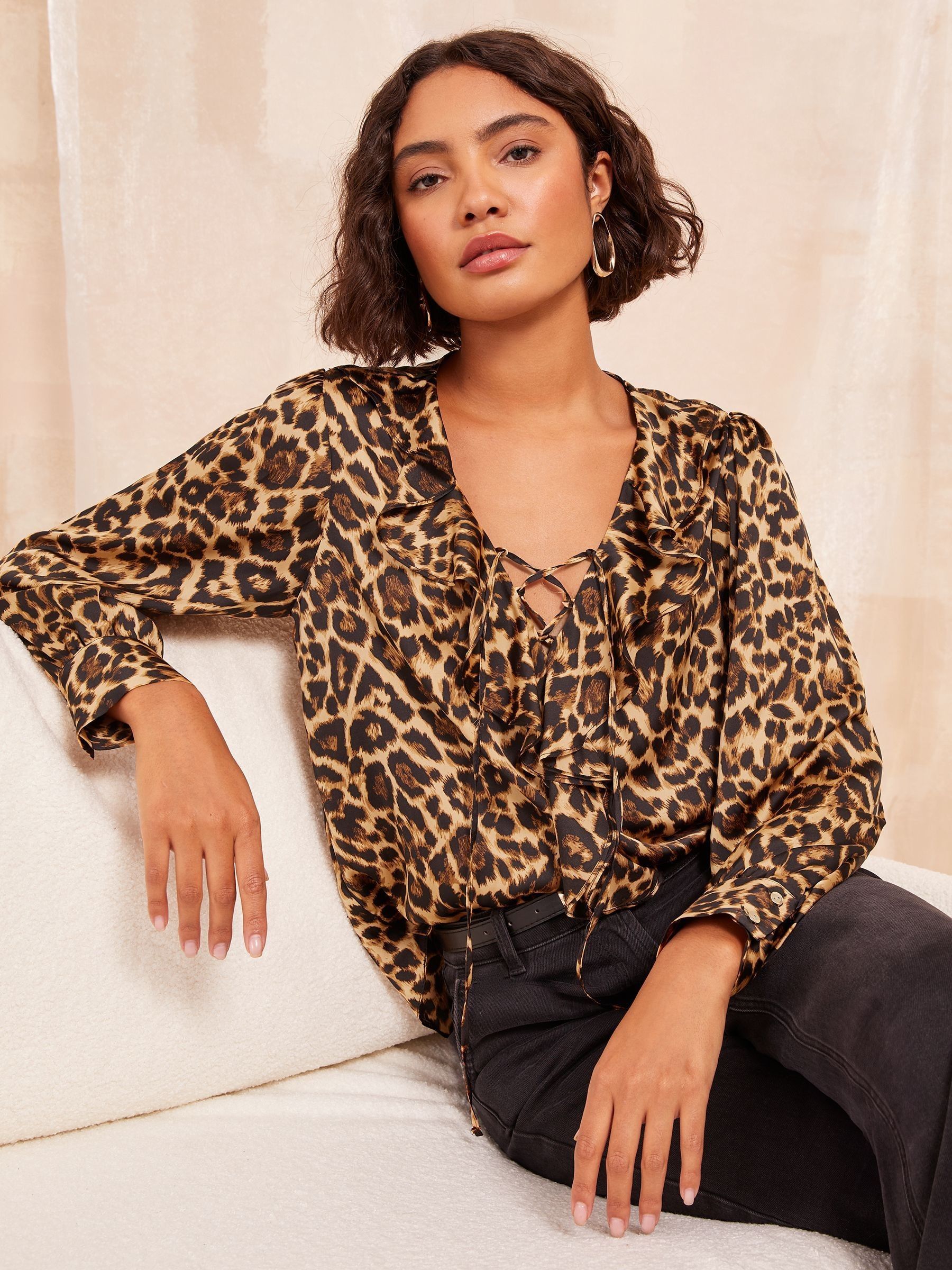 Buy Friends Like These Neutral Ruffle Detail Long Sleeve Leopard Print ...