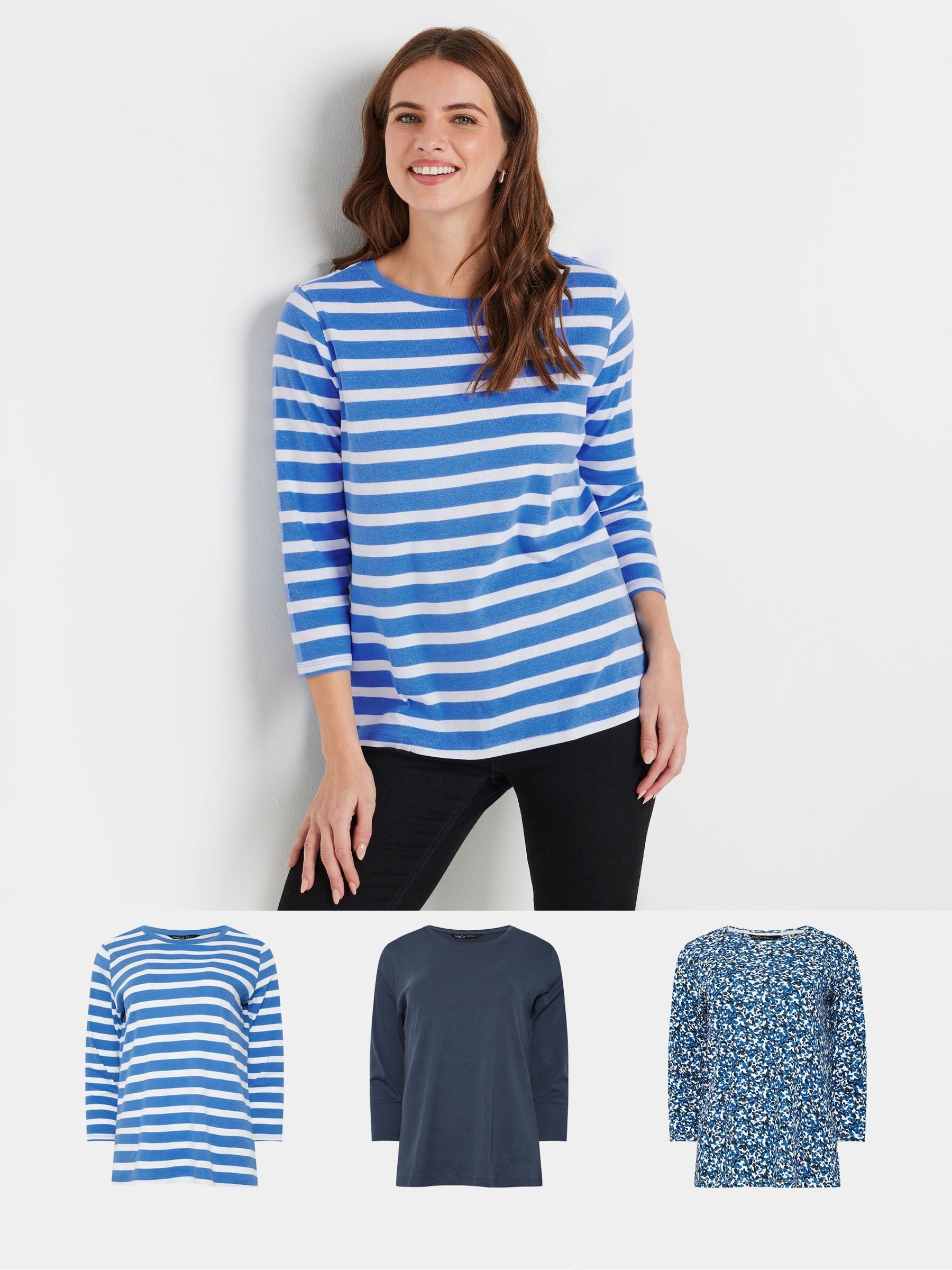 Buy M&Co Blue Stripe & Animal Print Crew Neck Tops 3 Pack from the Next ...
