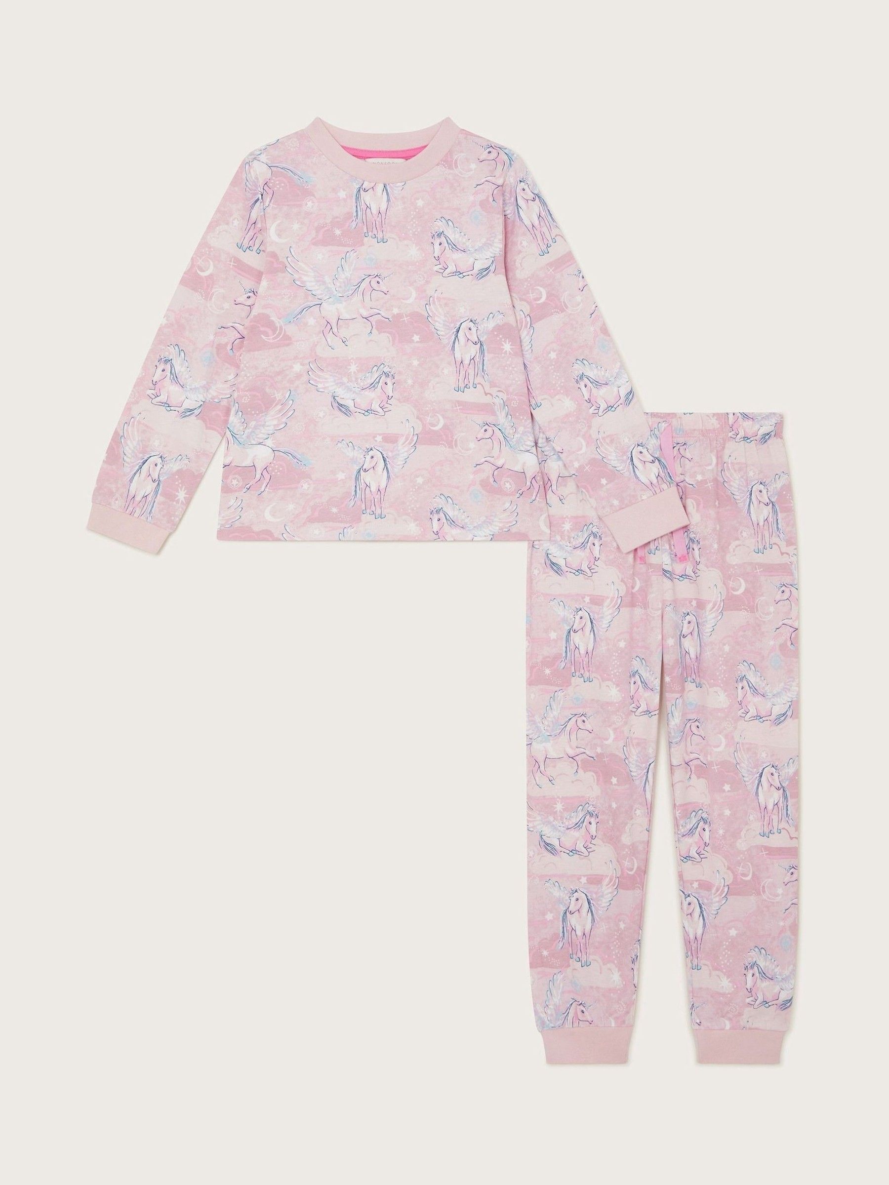 Buy Monsoon Pink Unicorn Print Long Sleeve 100% Cotton Pyjamas Set from ...