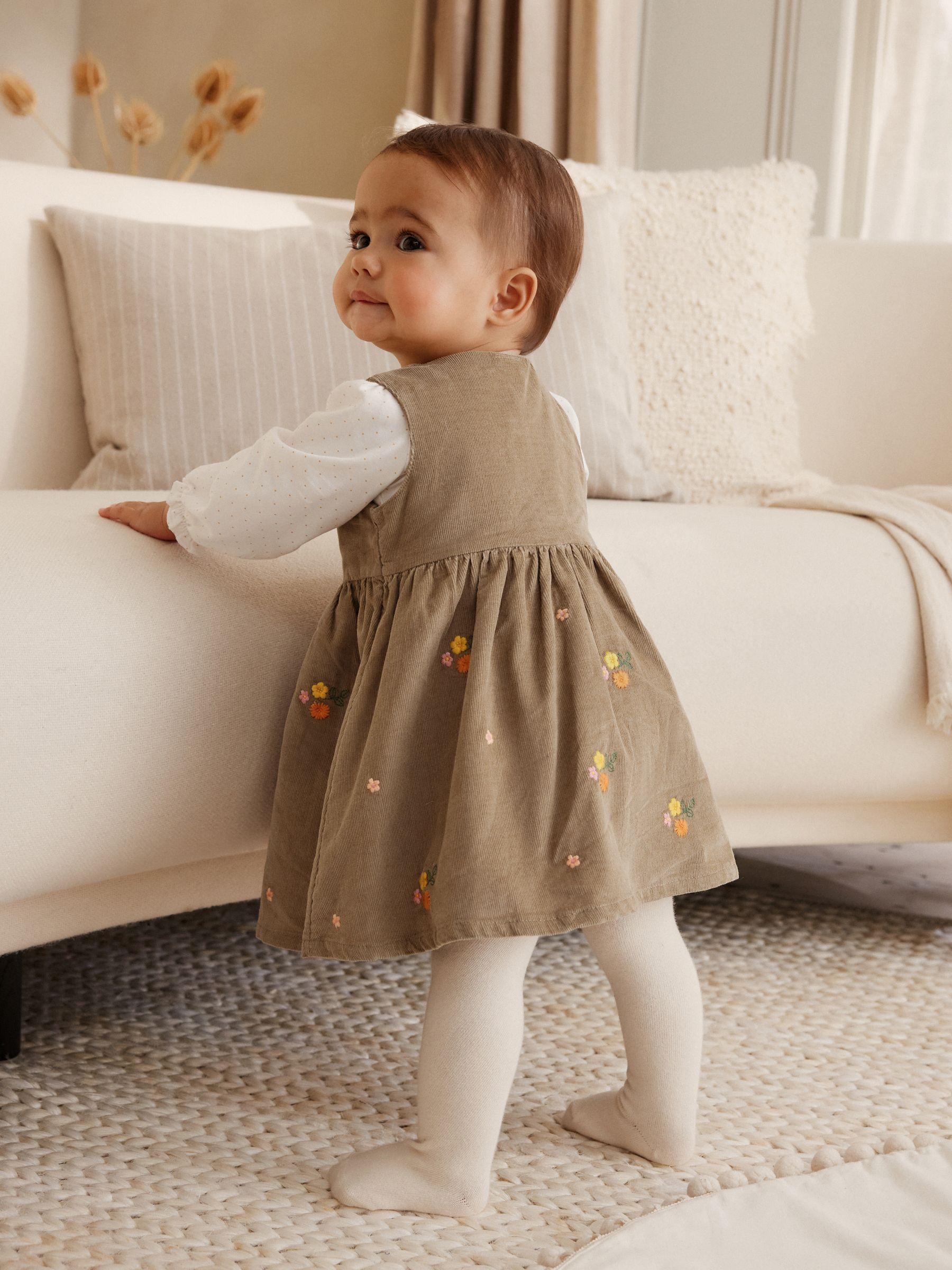 Buy Olive Green Embroidered Baby Cord Pinafore Long Sleeve Bodysuit ...