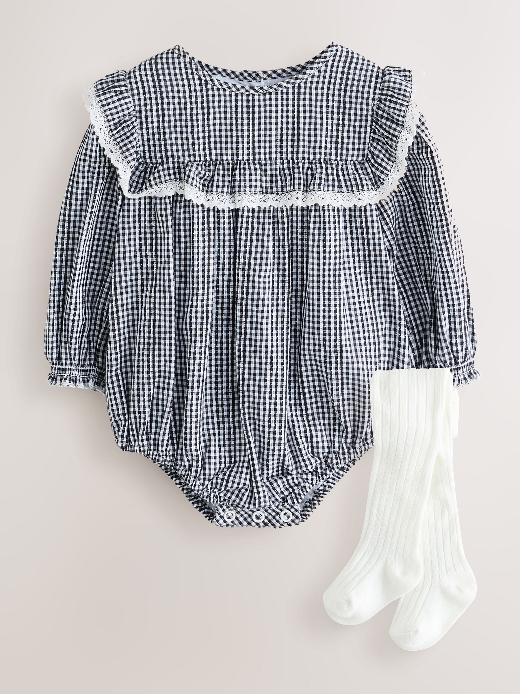 Buy Grey/ White Gingham Check Baby Bloomer Rompers Set 2 Piece with ...