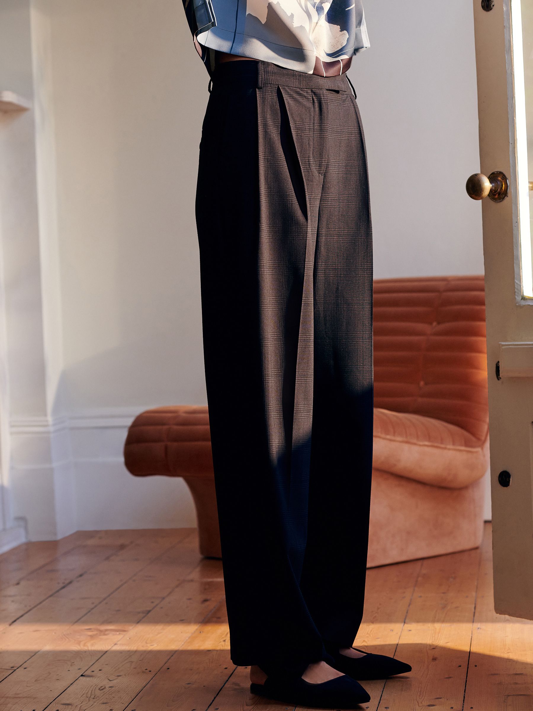 Buy Chocolate Brown Check Double Pleat Straight Leg Trousers from the ...