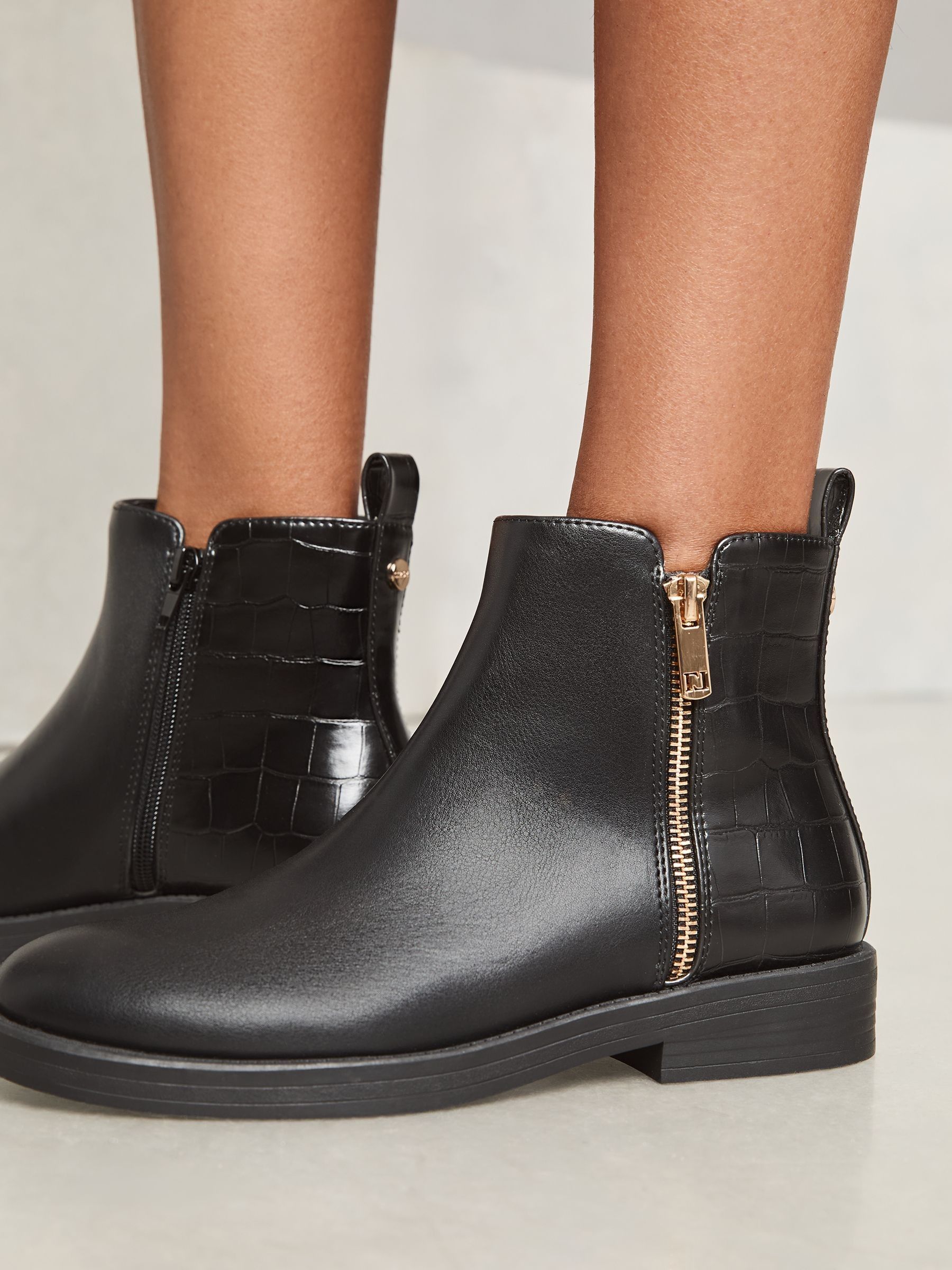 Buy Lipsy Black Standard fit Flat Side Zip Faux Leather Ankle Boots ...