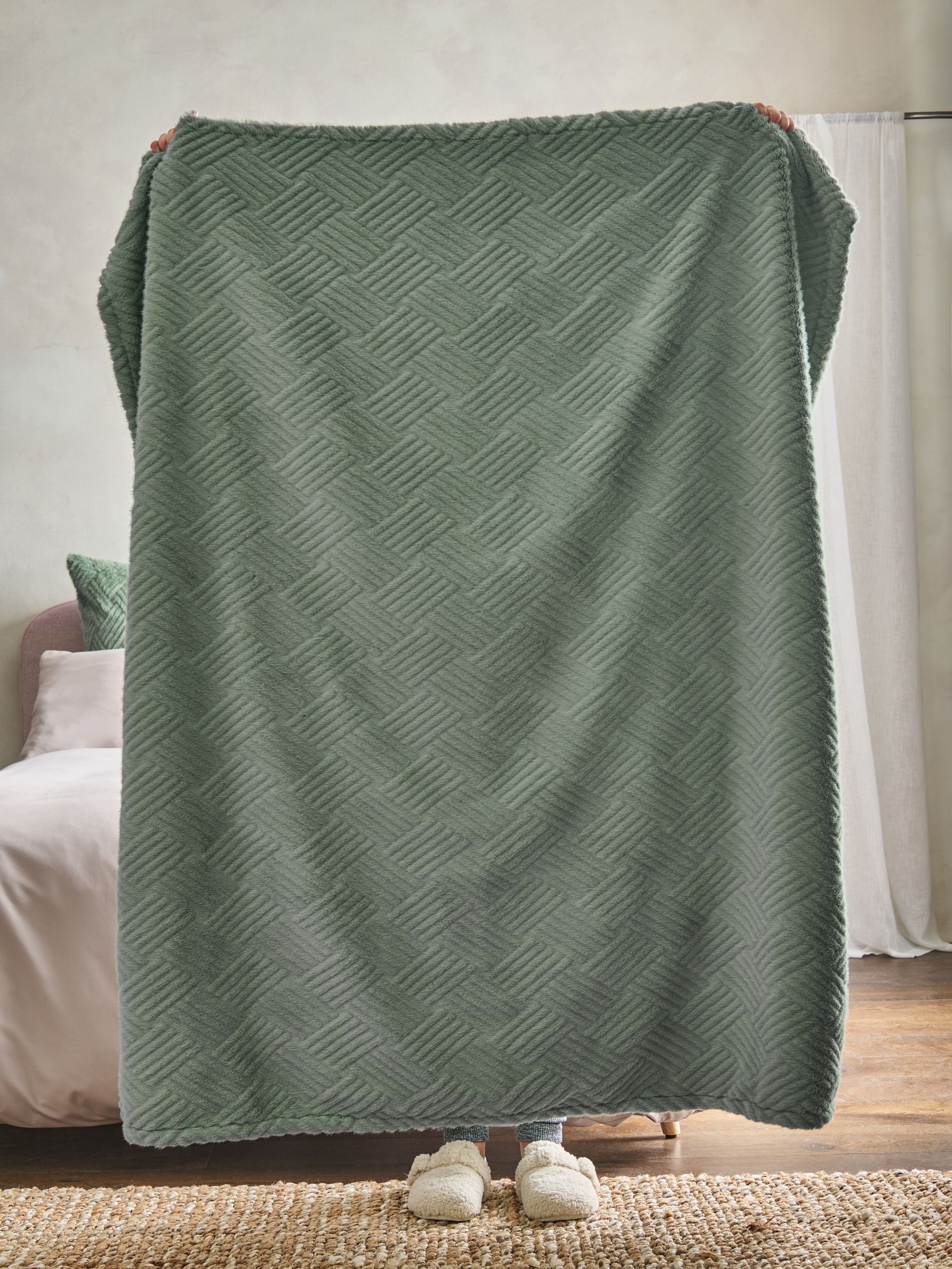 Buy Sage Green Basset Embossed Faux Fur Throw from the Next UK online shop