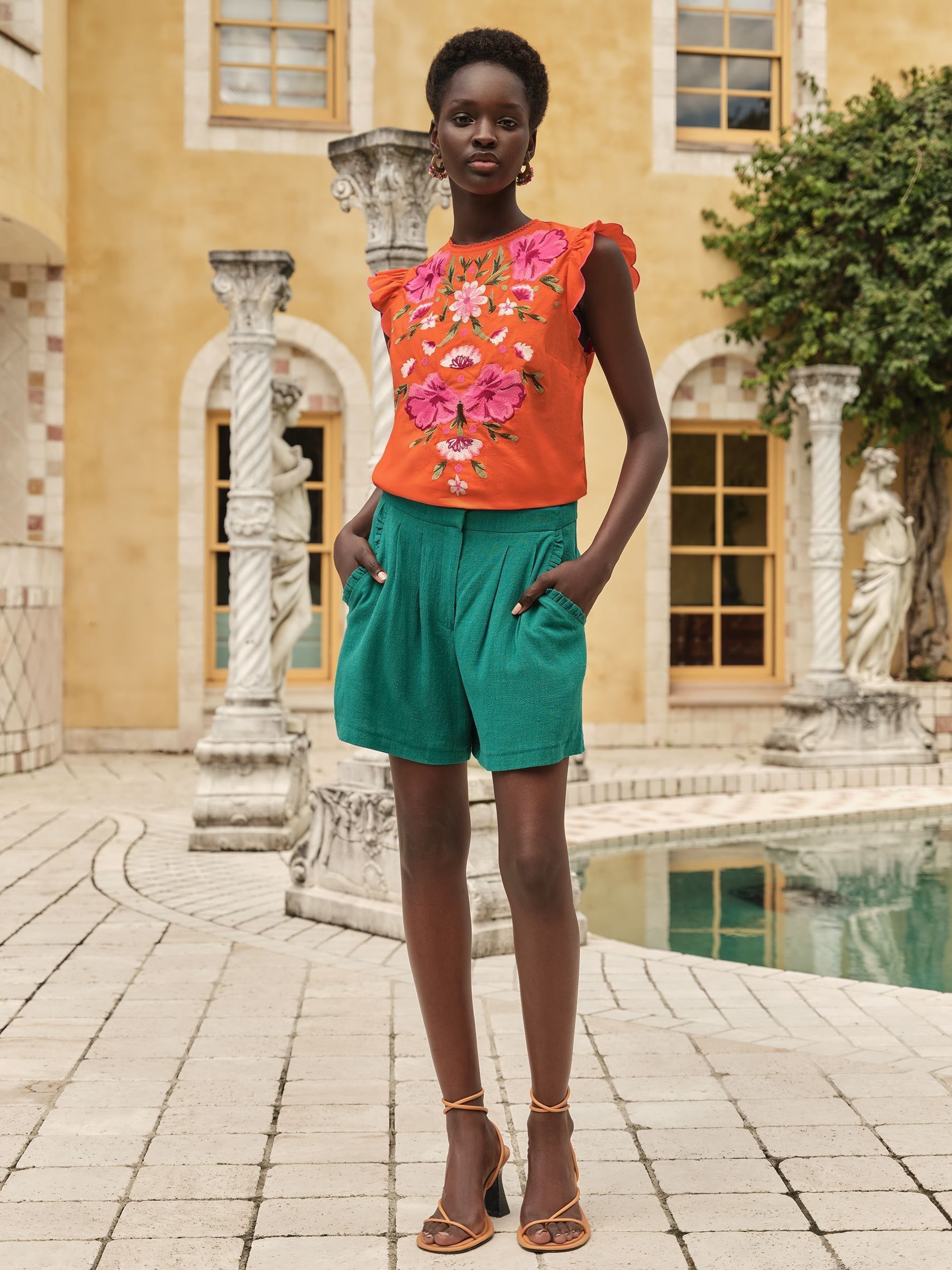 Buy Love & Roses Orange Crew Neck Short Sleeve Embroidered Shell Top ...