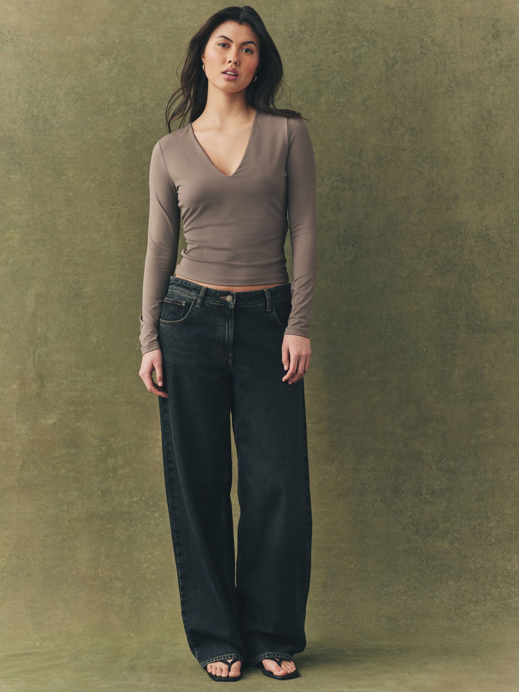 Buy Mink Brown Soft Touch Polyamide Long Sleeve V-Neck Top from the ...