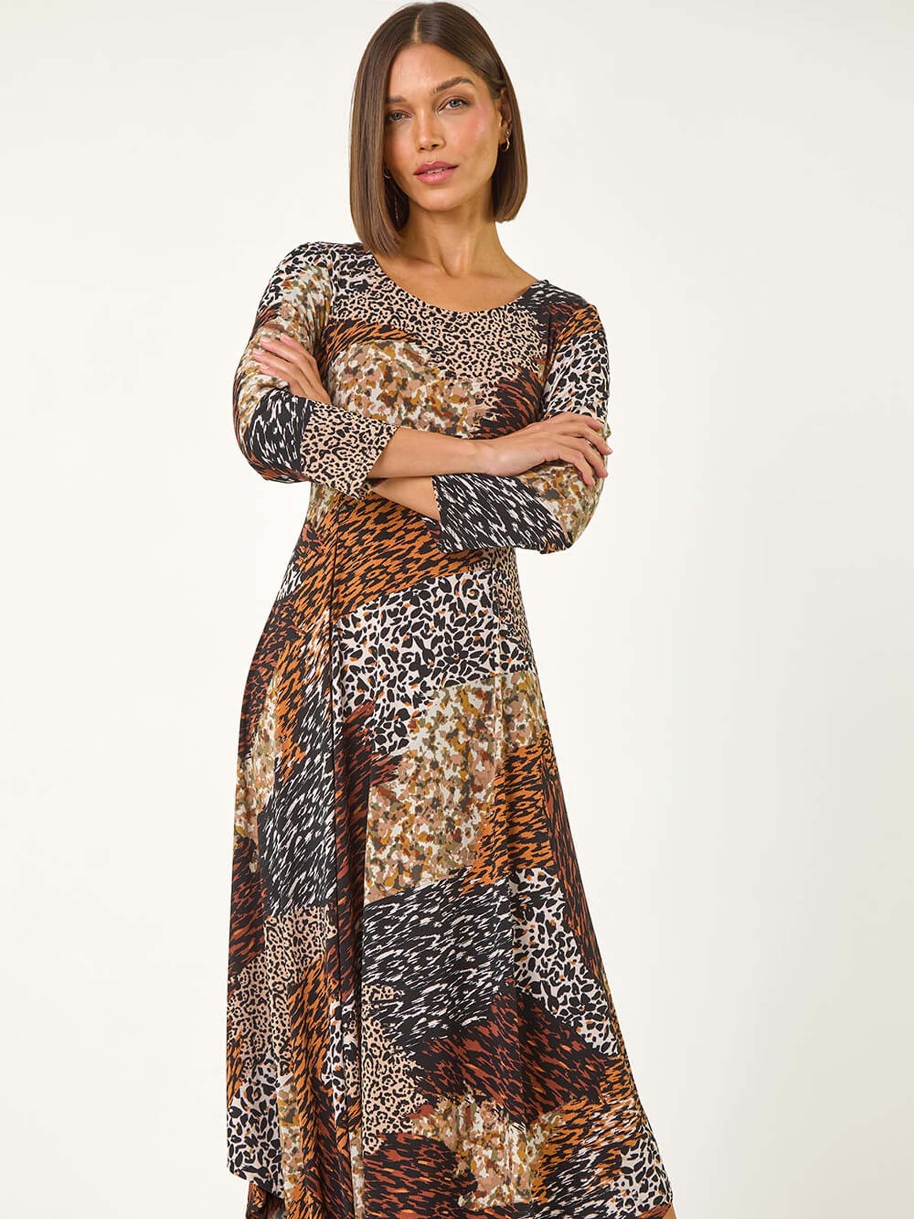Buy Roman Brown Animal Print Hanky Hem Midi Dress from the Next UK ...