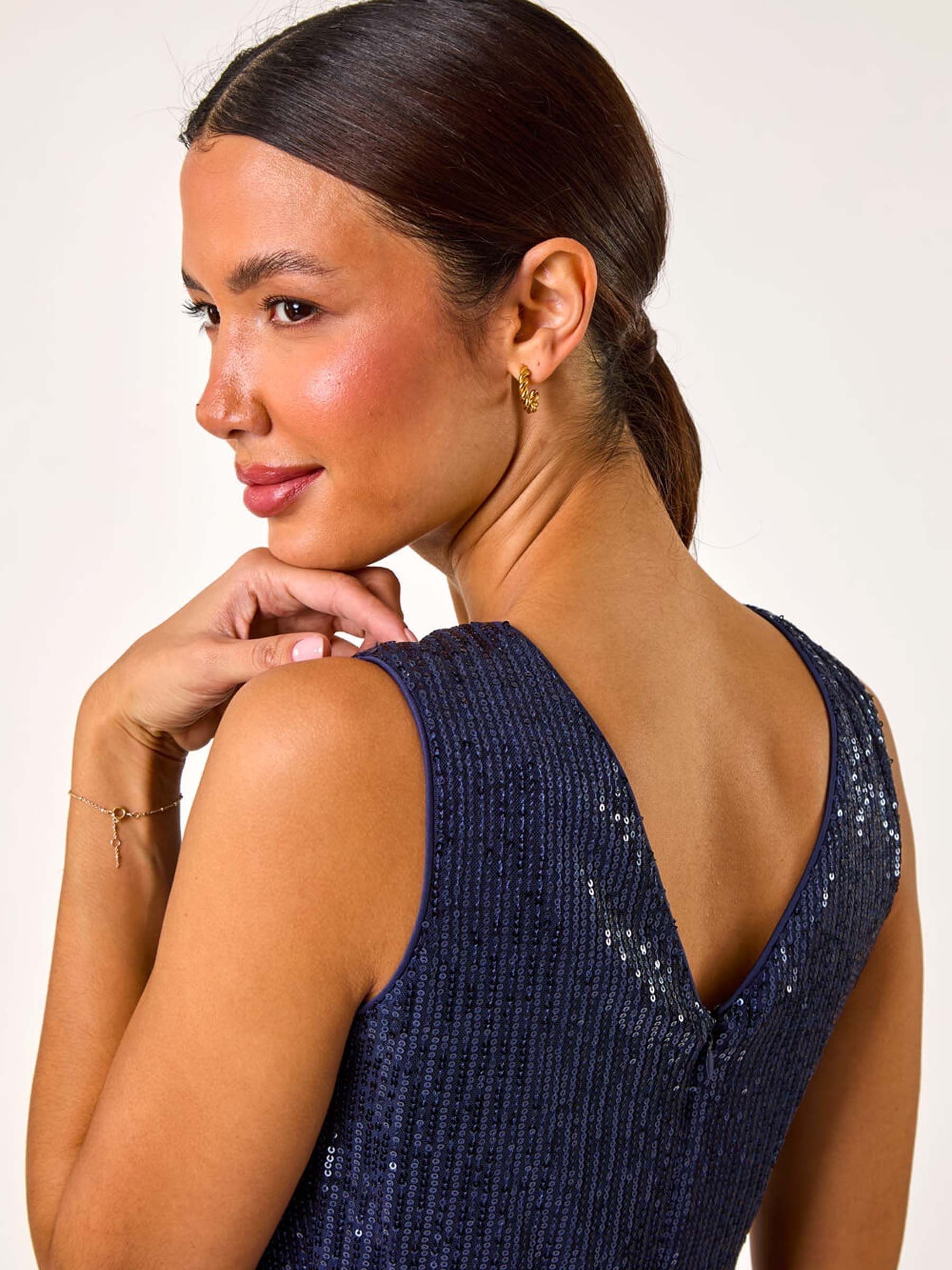 Buy Roman Blue Sequin Bodice Betlted Chiffon Dress from the Next UK ...