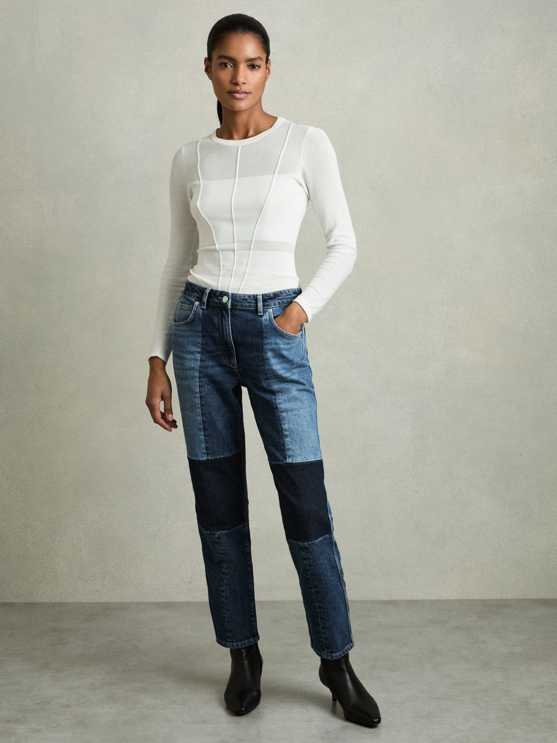 Buy Reiss Mid Blue Birch Straight-Leg Patchwork Jeans from the Next UK ...