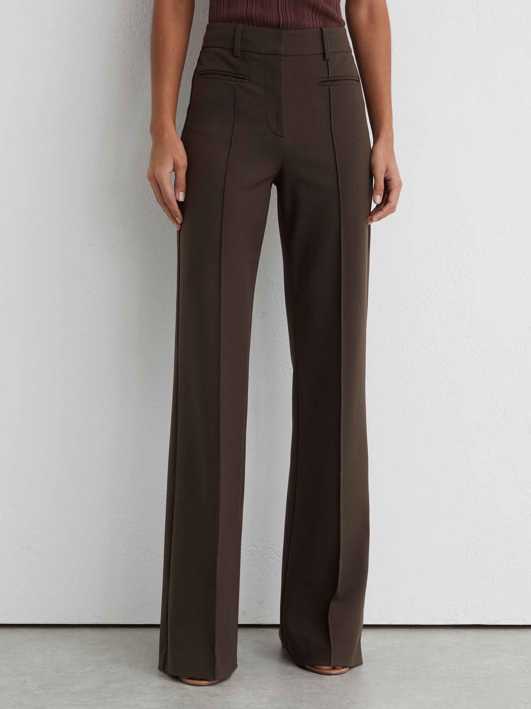Buy Reiss Chocolate Brown Claude High Rise Flared Trousers from the ...