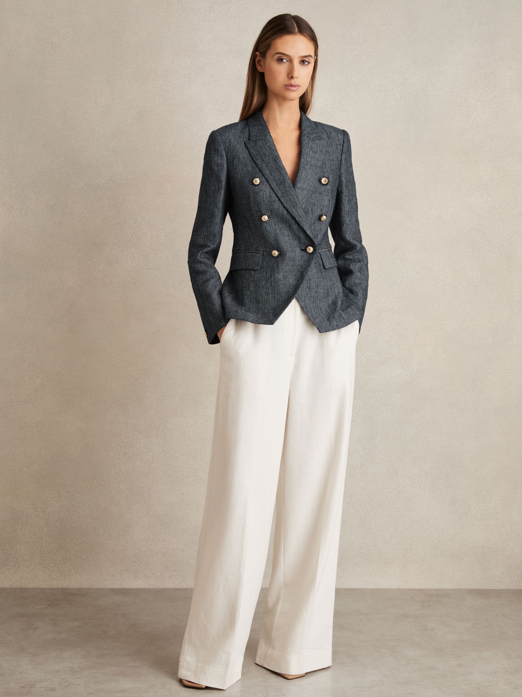 Buy Reiss Navy Baker Linen-Cotton Double-Breasted Blazer from the Next ...