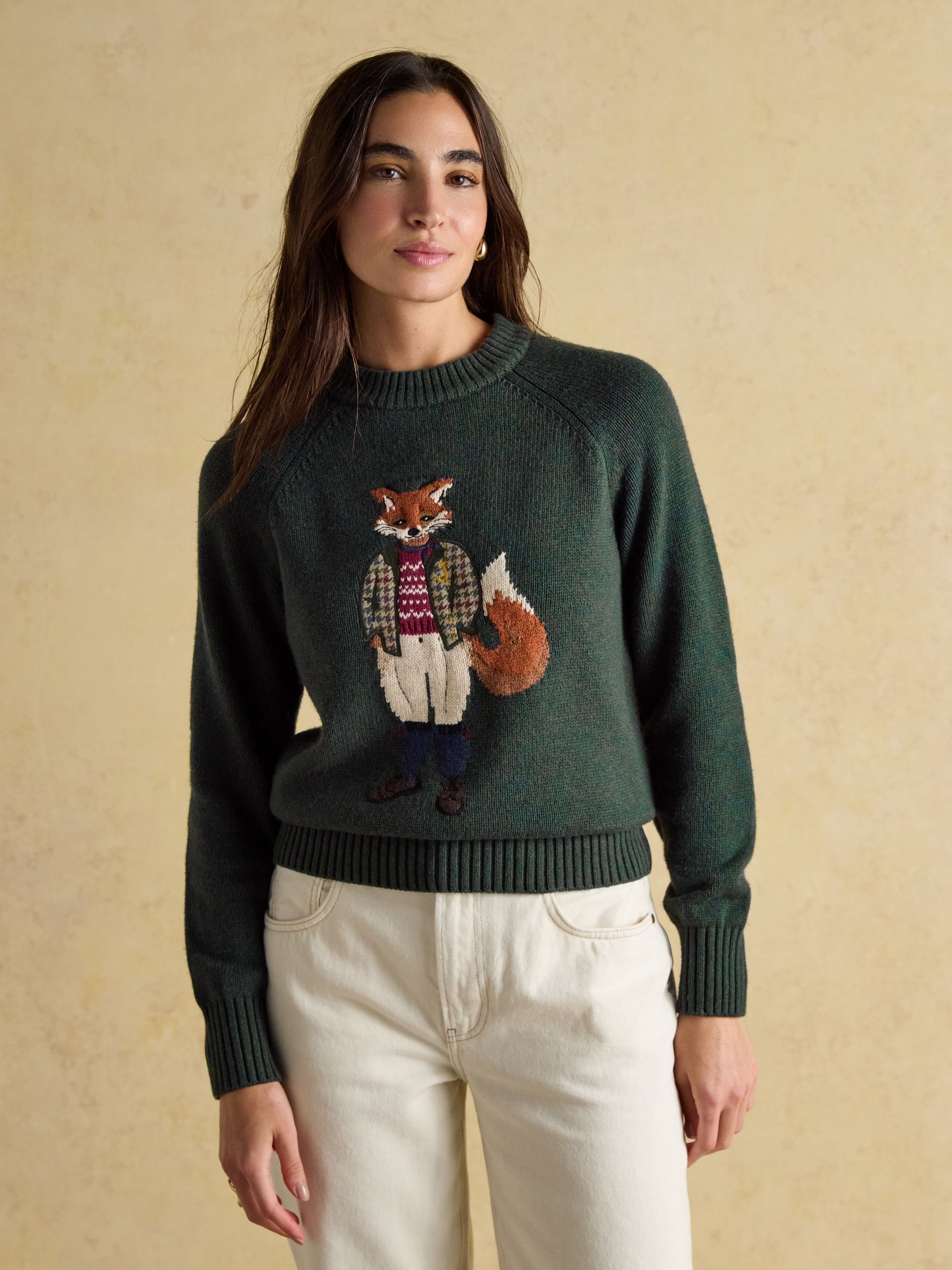Buy Joules Green Jonty Fox Embroidered Cotton-Rich Crew Neck Jumper ...