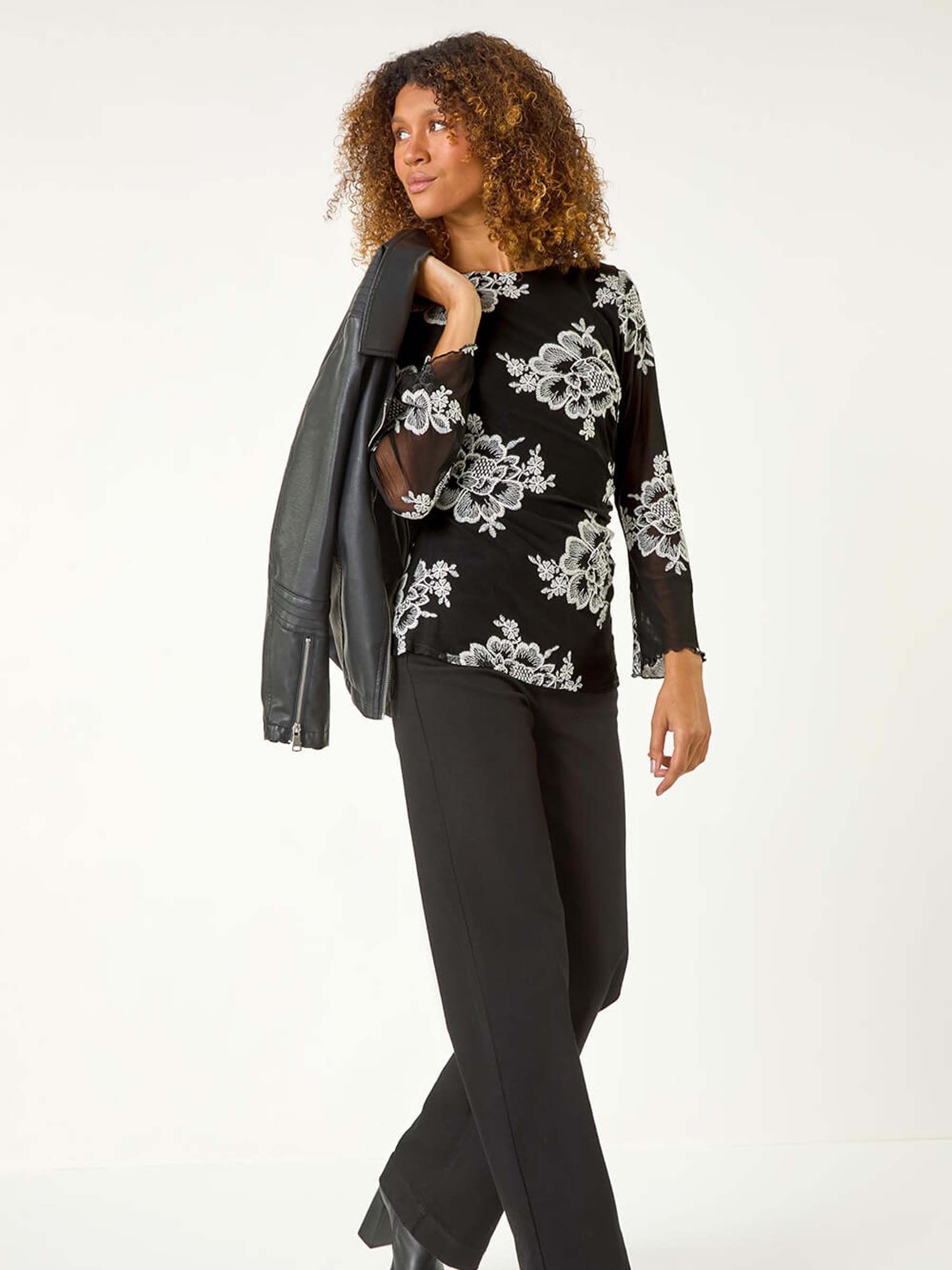 Buy Roman Black Floral Print Mesh Sleeve Stretch Top from the Next UK ...