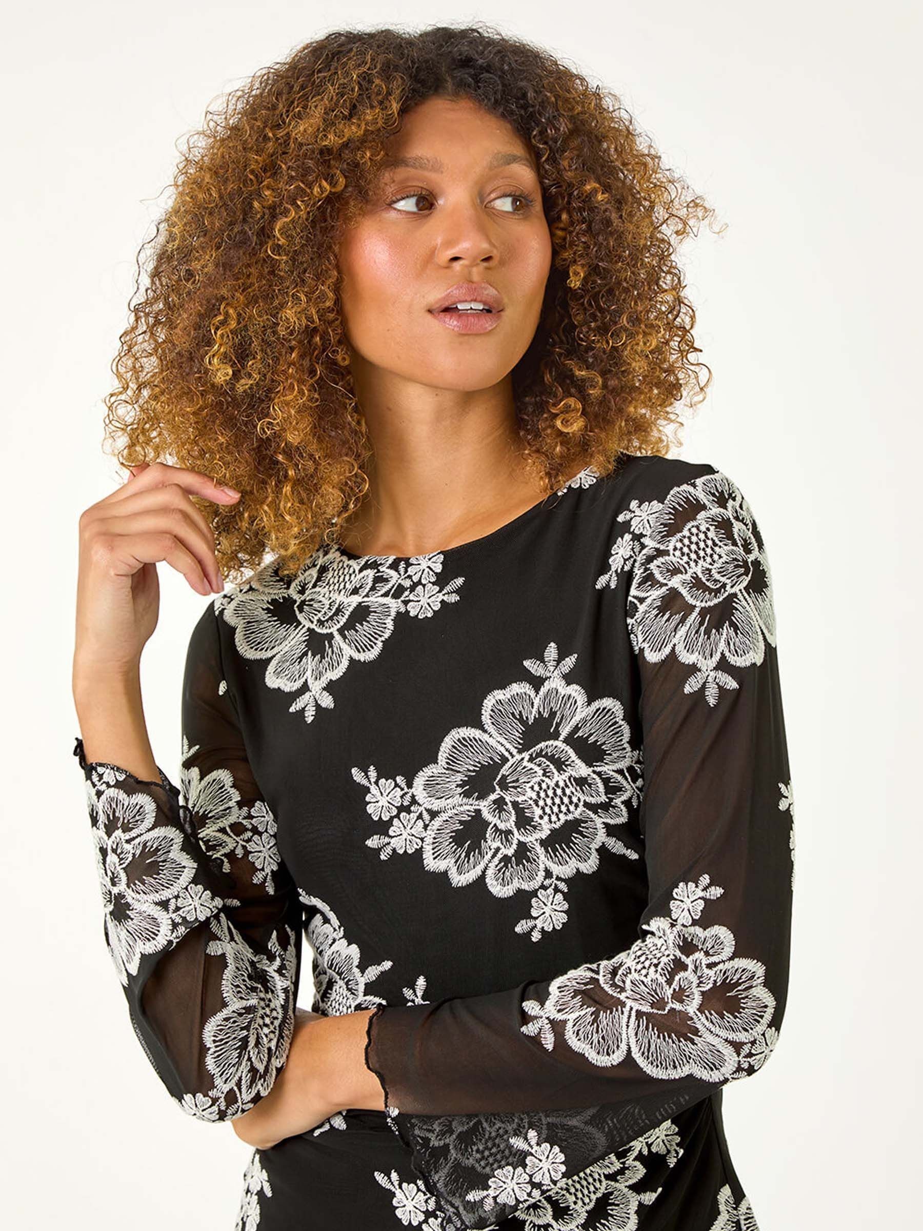 Buy Roman Black Floral Print Mesh Sleeve Stretch Top from the Next UK ...