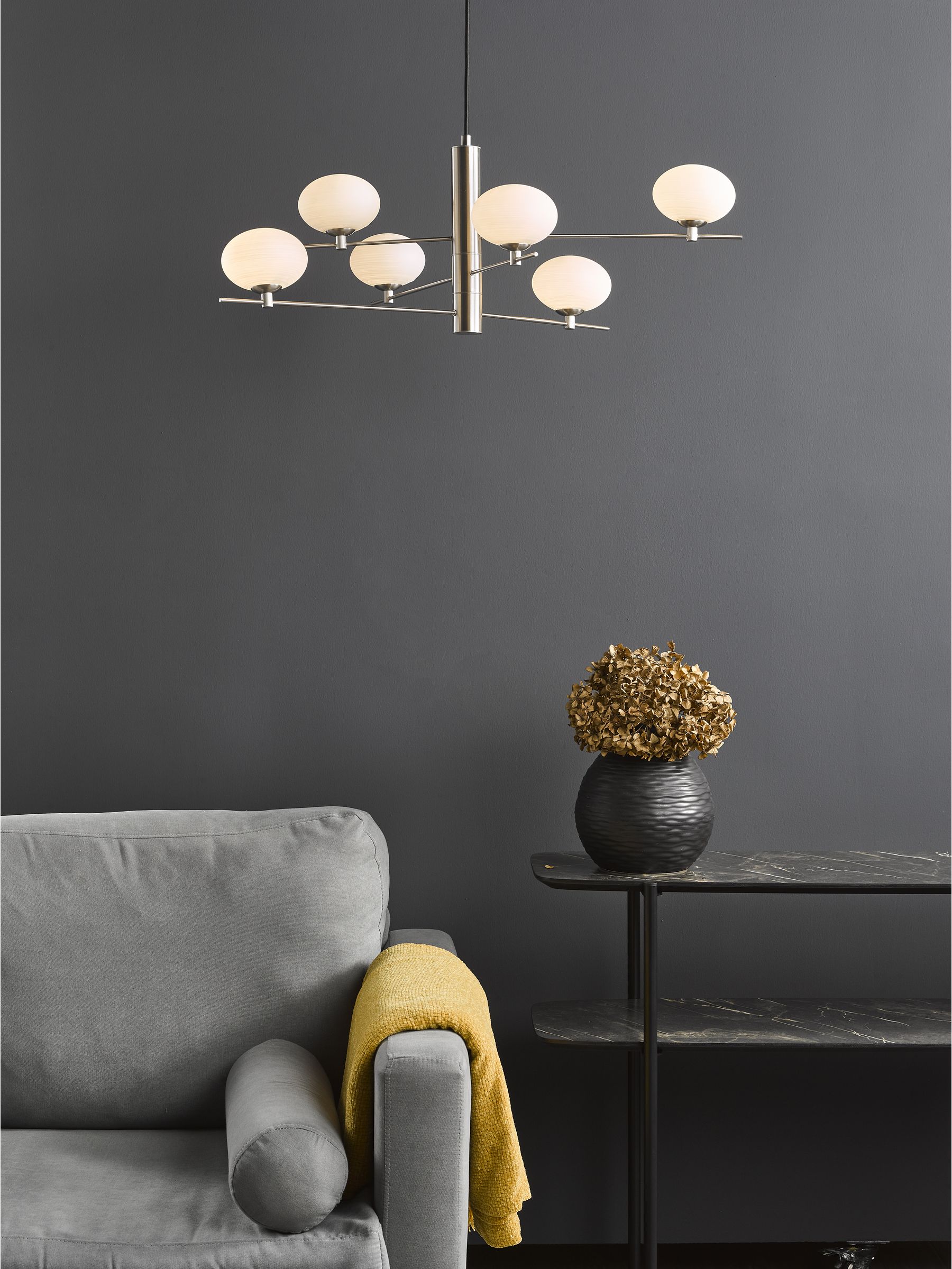 Buy Dar Lighting Satin Nickel Opal Glass Jasper 6 Light Pendant Ceiling ...