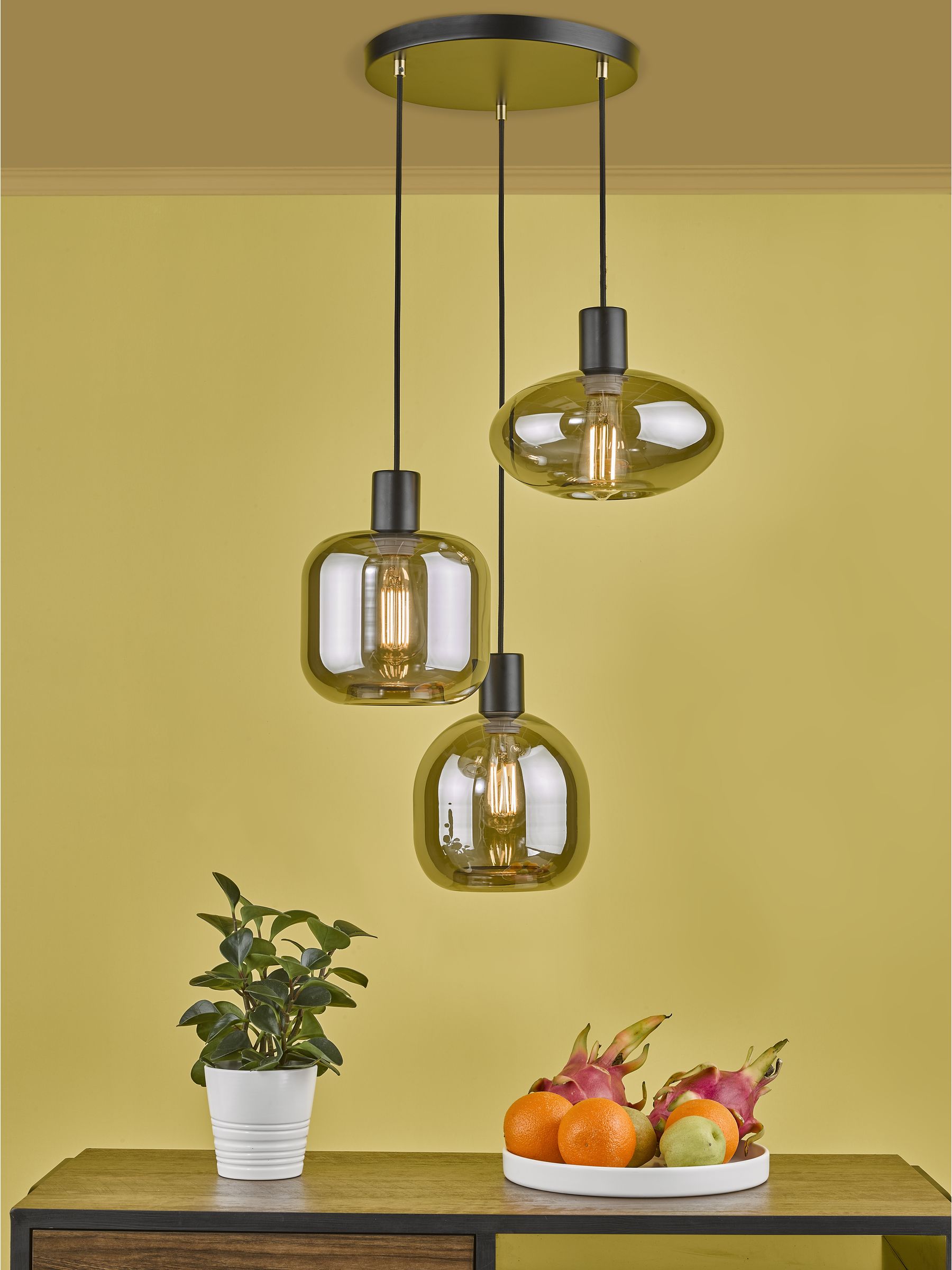 Buy Dar Lighting Smoked Glass Satin Black Aiden 3 Light Cluster Pendant ...