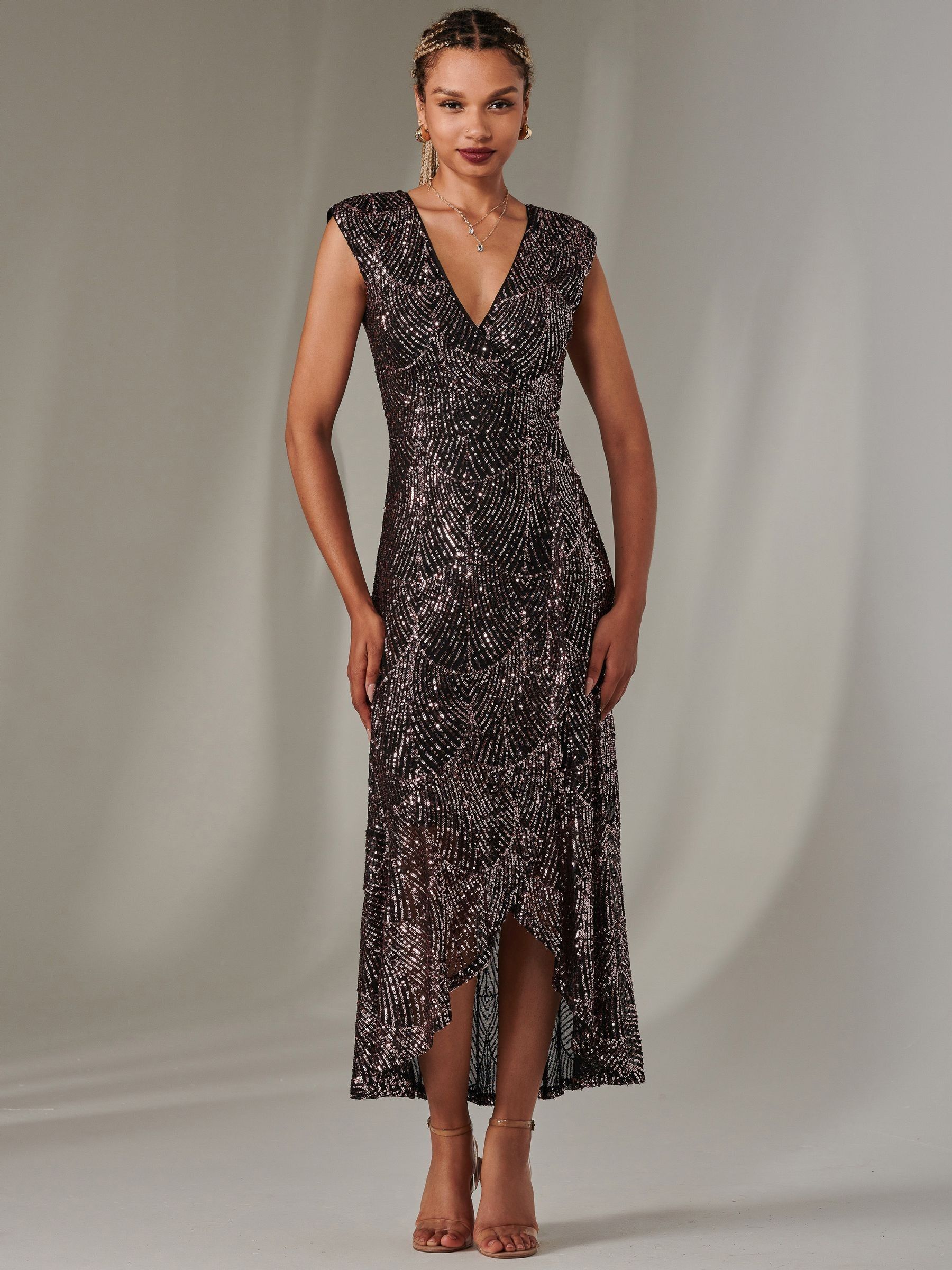 Buy Jolie Moi Black Chrome Sequin Ruffle Hem Maxi Dress from the Next ...