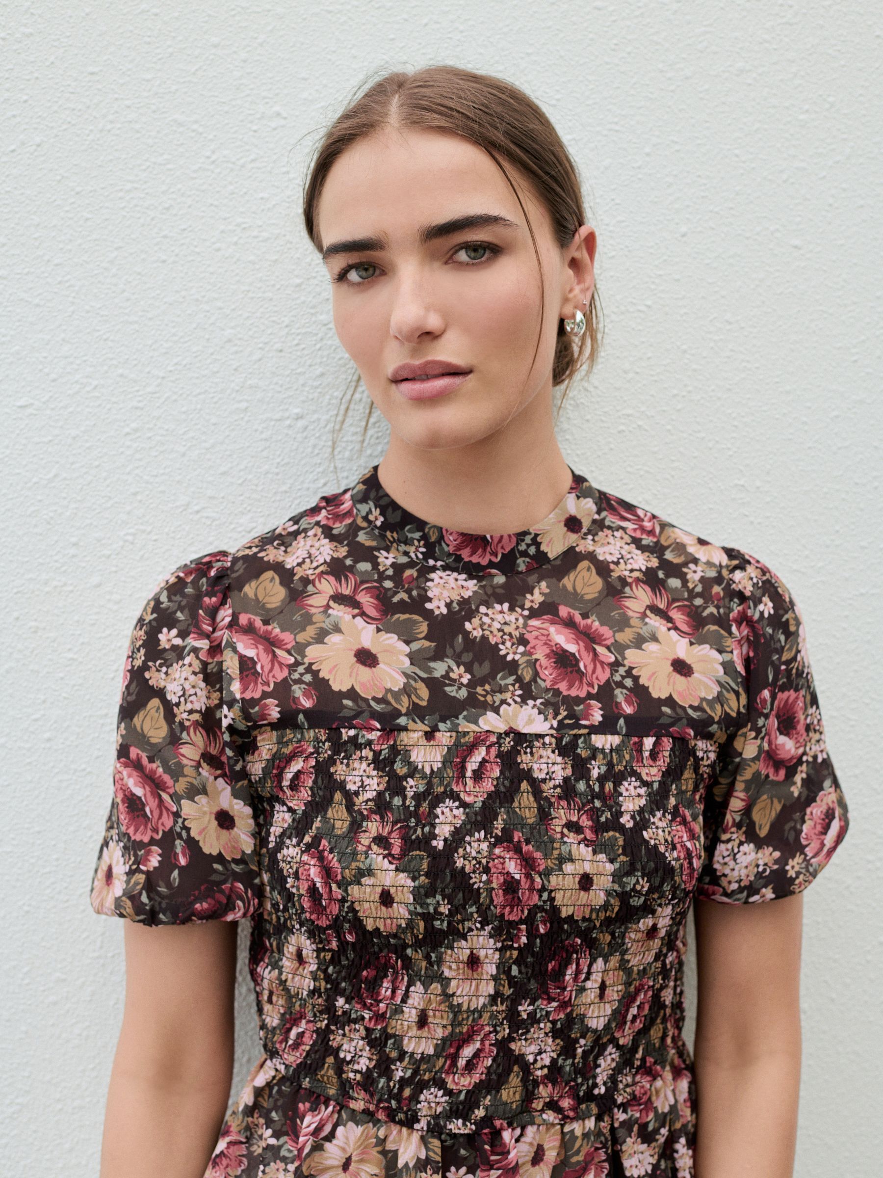 Buy Pink/Brown Floral Print Sheer Short Sleeve Smock Top from the Next ...