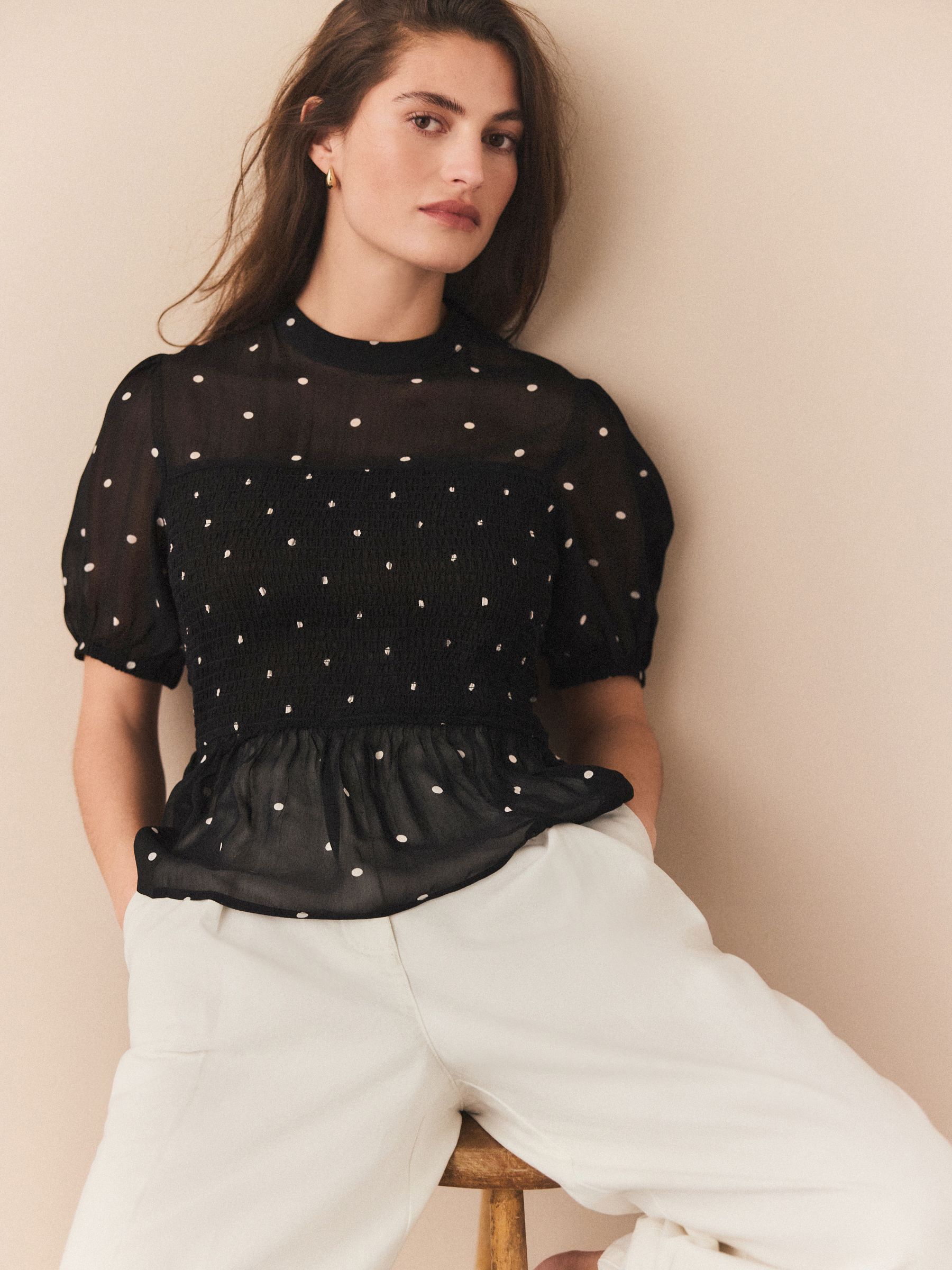 Buy Black/White Spot Sheer Short Sleeve Smock Top from Next Canada