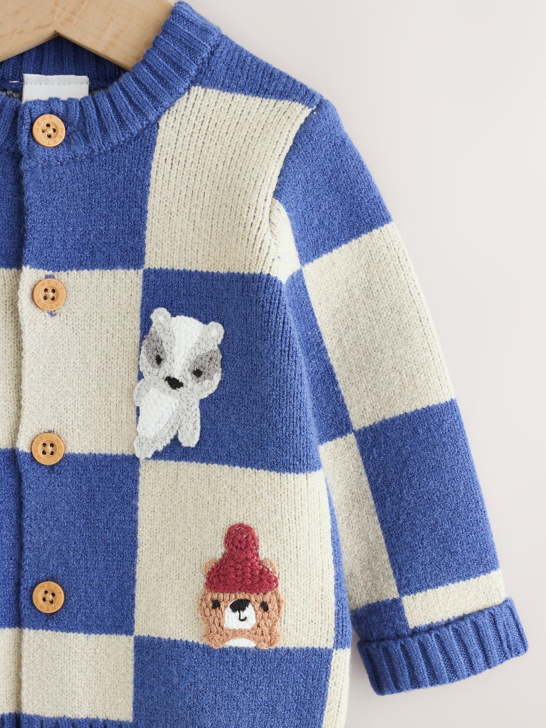 Buy Blue Checkerboard Embroidered Character Baby Knitted Cardigan ...
