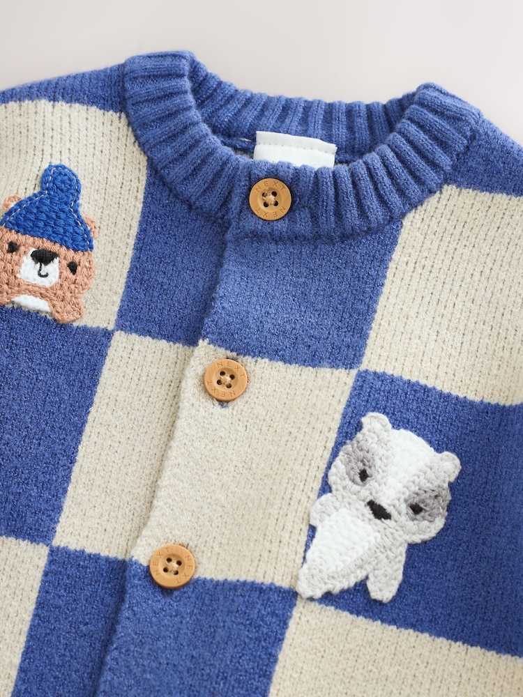 Buy Blue Checkerboard Embroidered Character Baby Knitted Cardigan ...