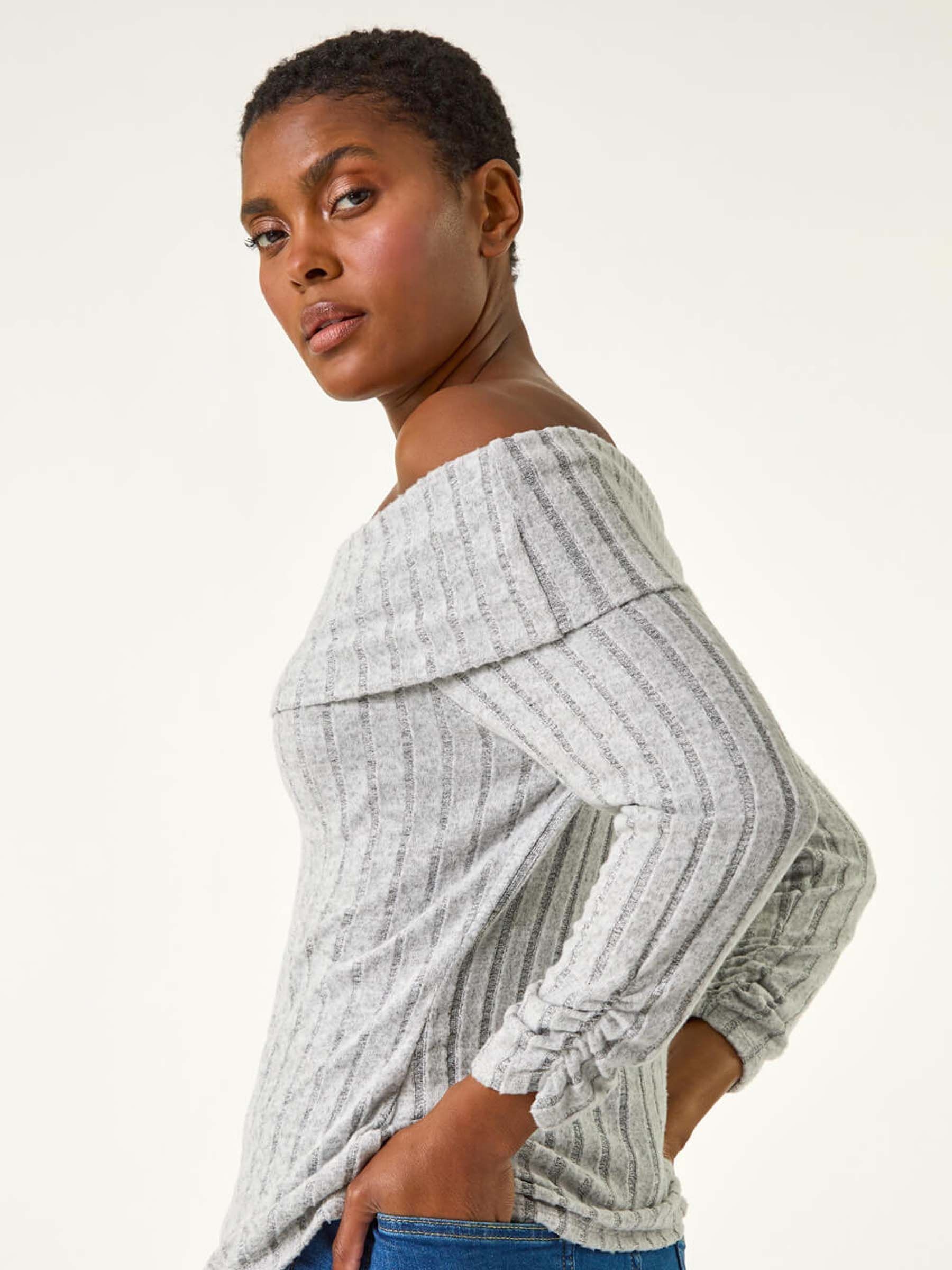 Buy Roman Grey Soft Ribbed Bardot Stretch Top from the Next UK online shop