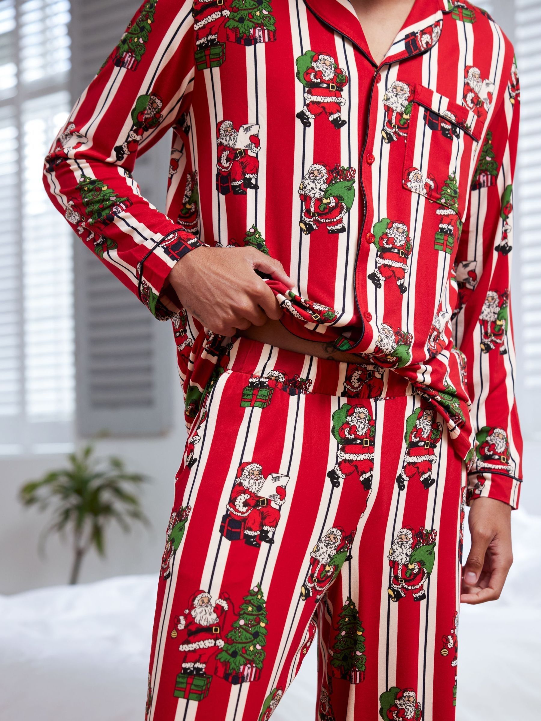 Buy Chelsea Peers Red Christmas Santa Stripe Print Long Pyjamas Set ...