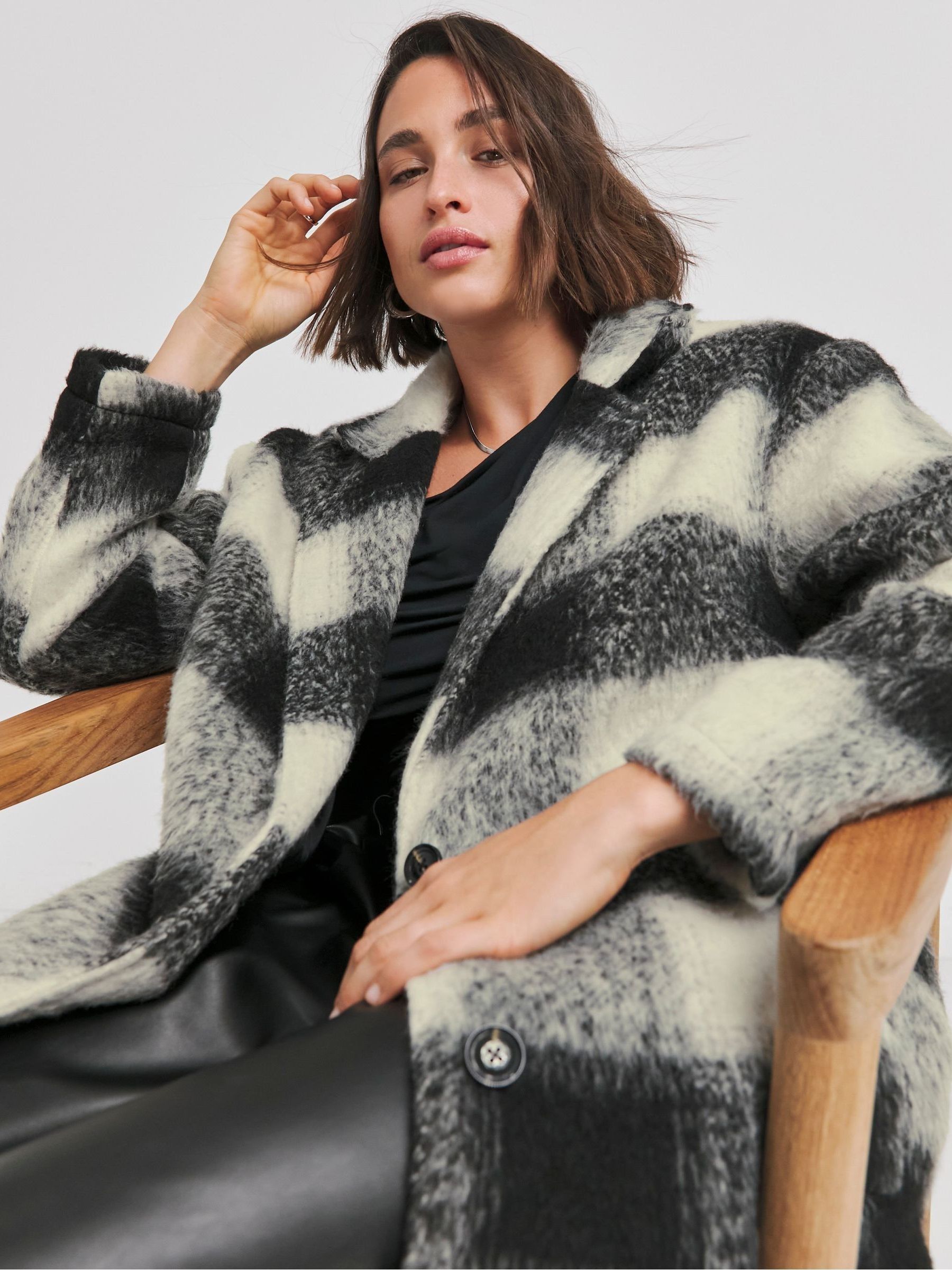 Buy Simply Be Black Brushed Mono Check Coat from the Next UK online shop