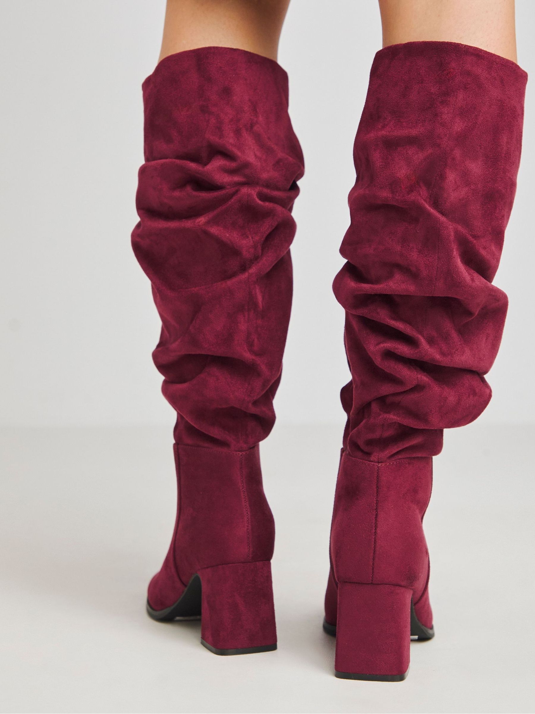 Buy Simply Be Red Extra Wide Fit Ruched Knee High Heeled Boots from the ...