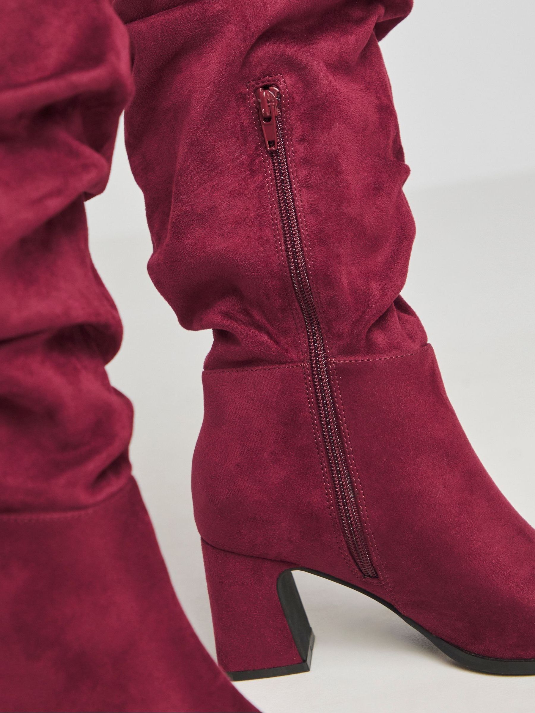 Buy Simply Be Red Extra Wide Fit Ruched Knee High Heeled Boots from the ...