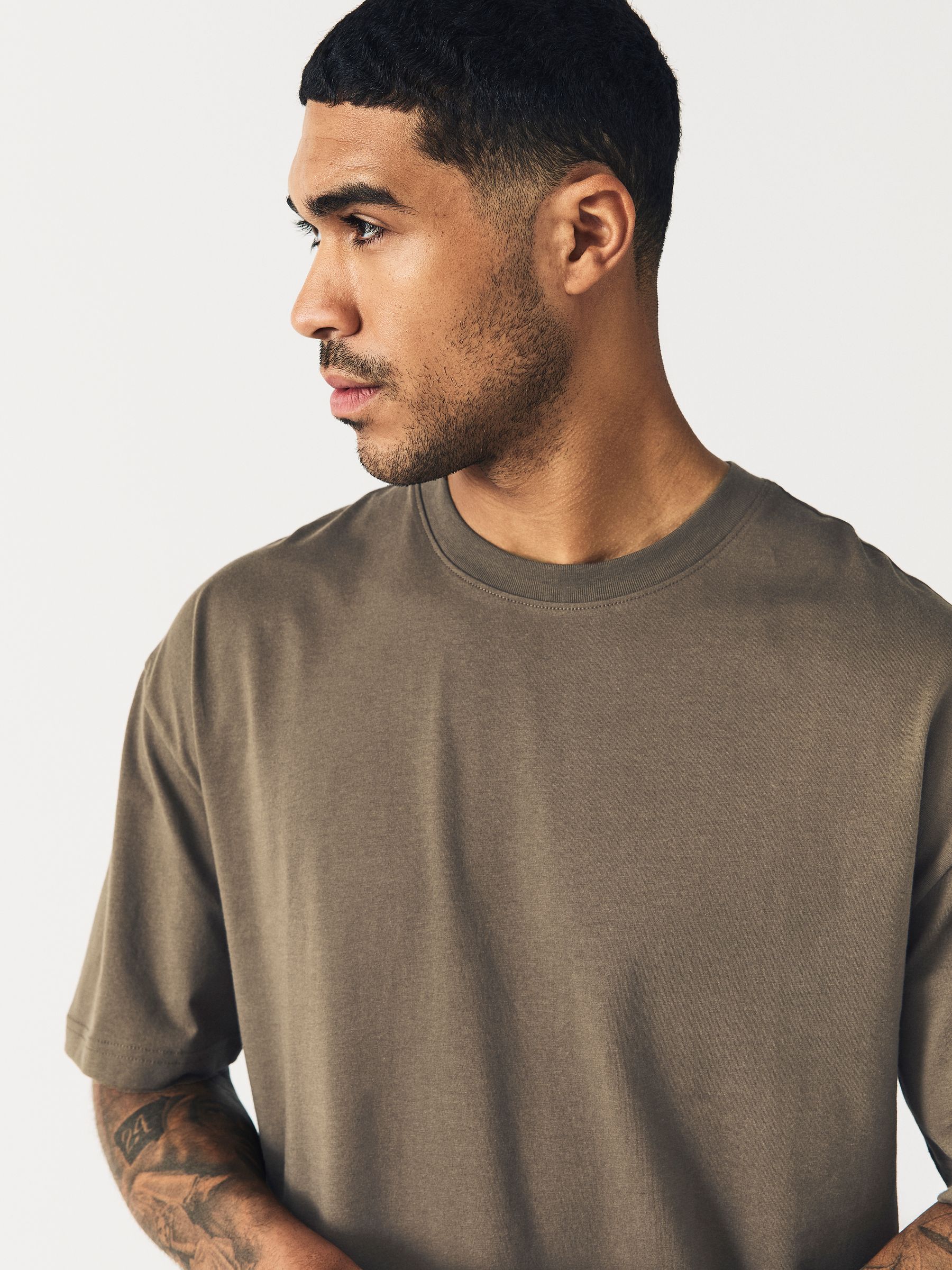 Buy Neutral Brown Relaxed Fit Essential Crew Neck Cotton T-Shirt from ...