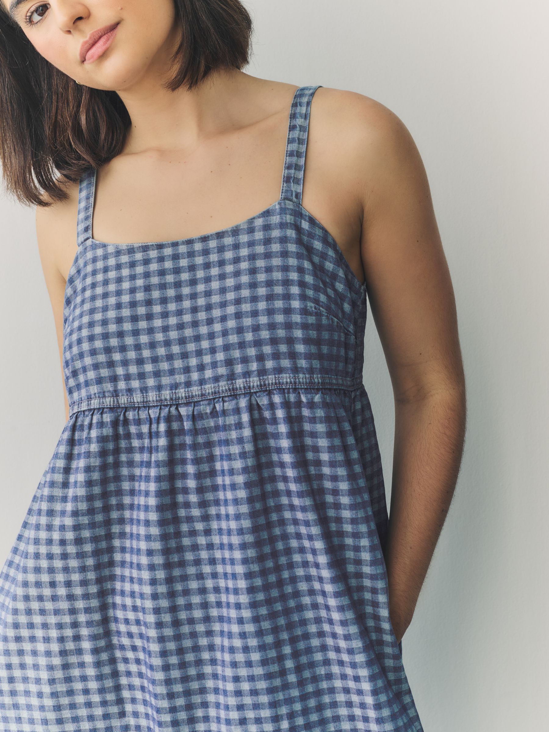 Buy Blue Gingham Strappy Denim 100% Cotton Midi Dress from the Next UK ...