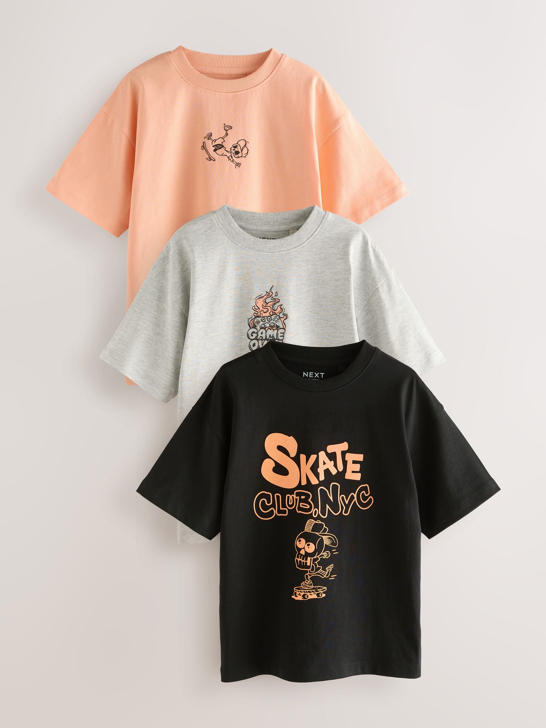 Buy Black/Grey Skate Relaxed Fit Graphic Print Short Sleeve T-Shirts 3 ...