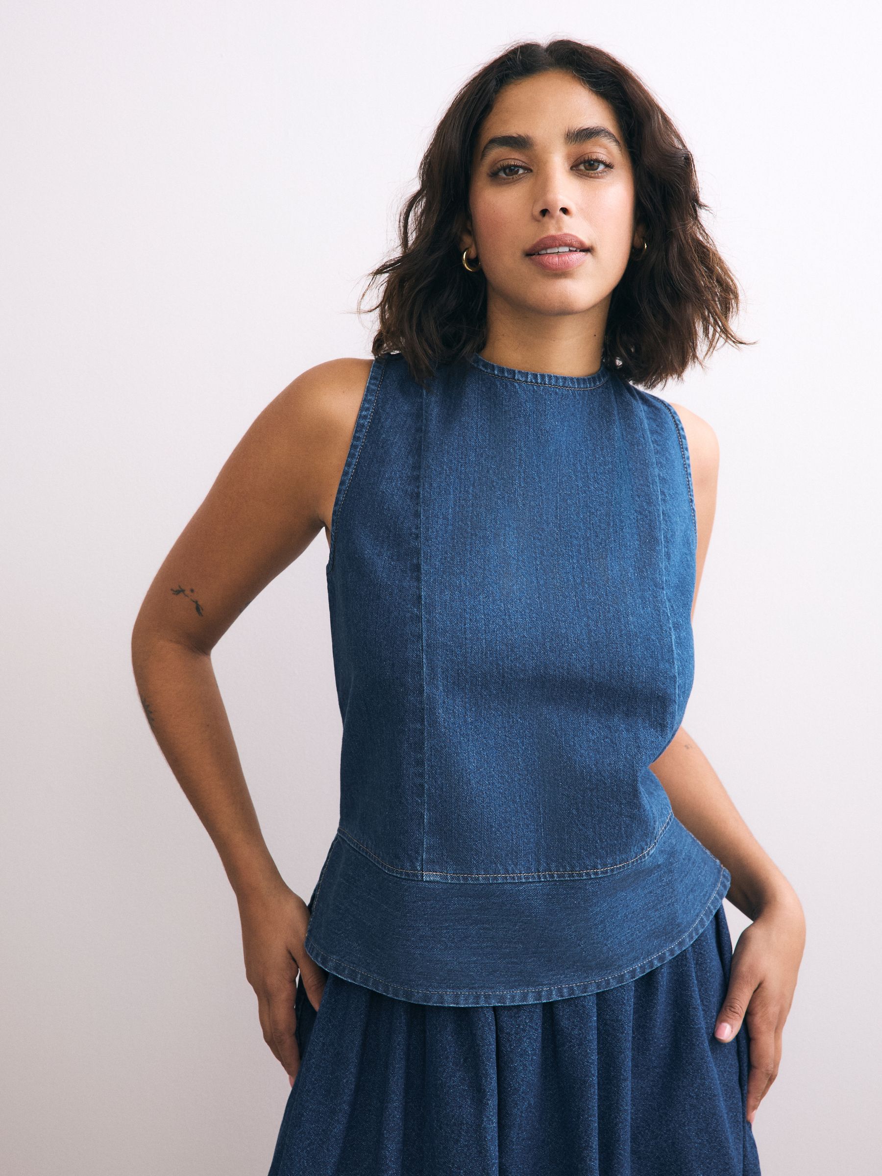 Buy Mid Blue Fuller Bust Round Neck Denim 100% Cotton Shell Top from ...